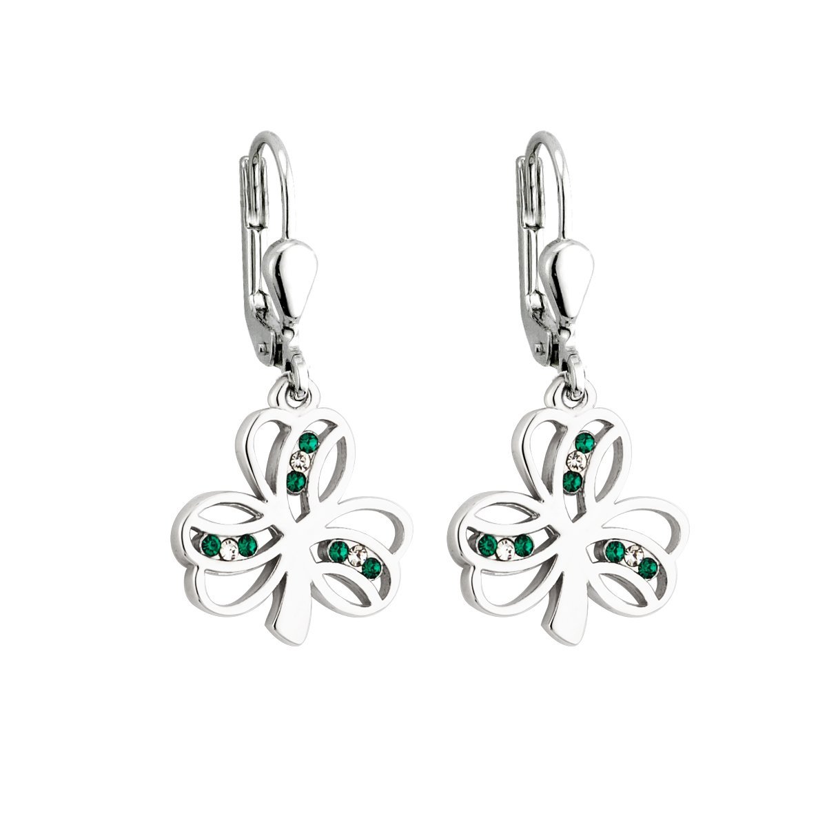 Solvar Shamrock Earrings Rhodium Plated &Green Crystal Drops Irish Made by
