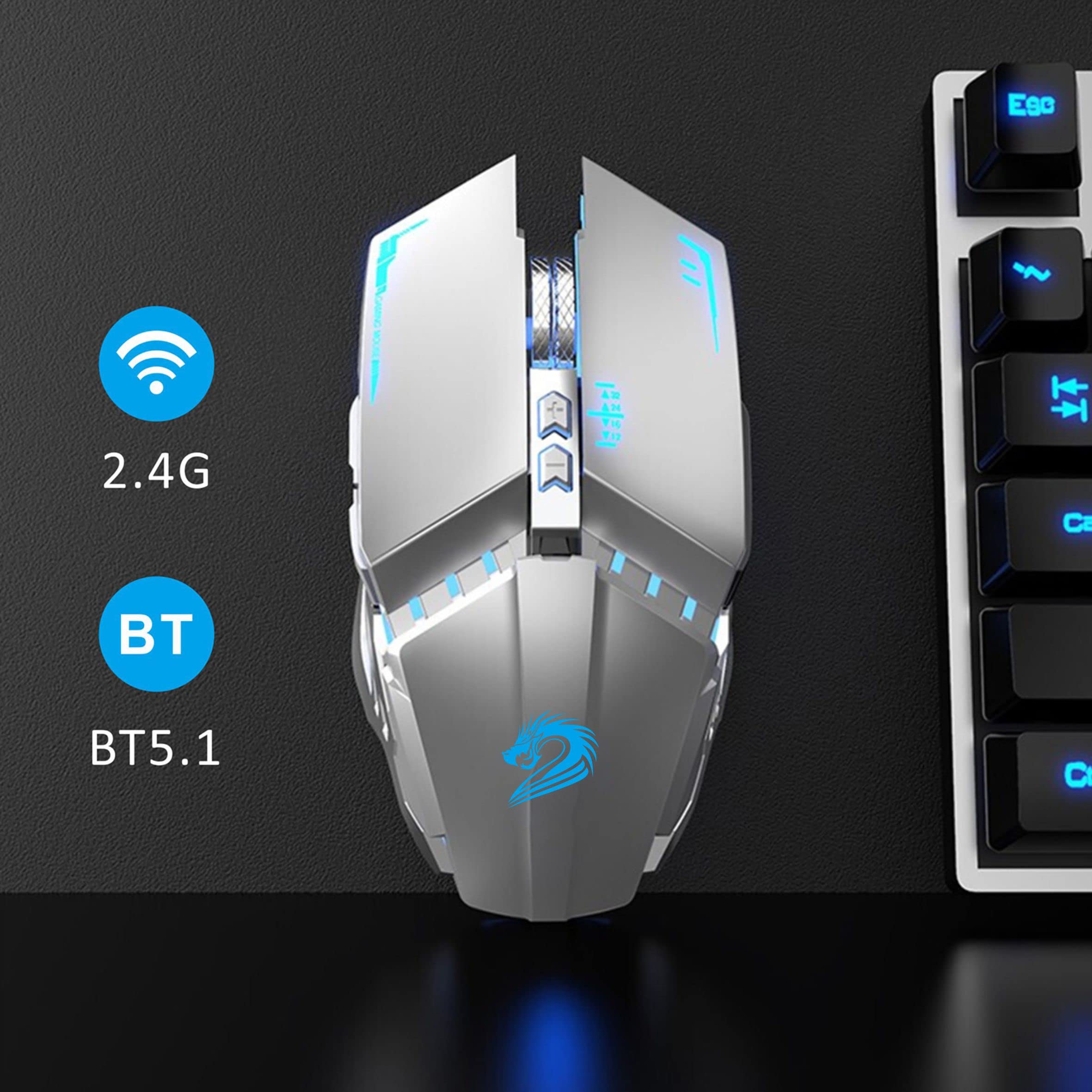 TENMOS T21 Bluetooth Mouse, 2.4G LED Dual Mode (Bluetooth 5.1+ USB) Bluetooth Wireless Mouse, Rechargeable Silent Computer Gaming Mice for Laptop, iPad, MacOS, PC, Windows, Android (Silver)