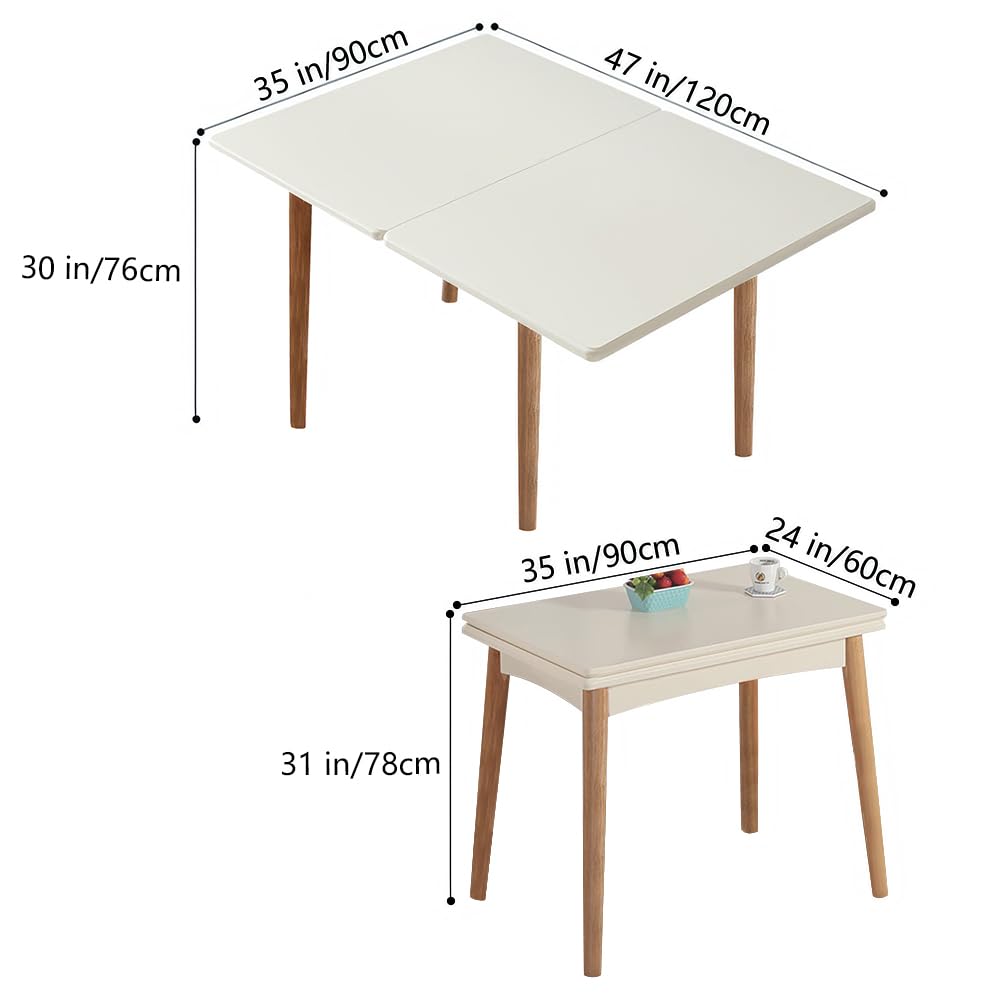 Rukulin 47" Multifunctional Wooden Foldable Dining Table with Thai Oak Legs, Modern Space Saving Kitchen Table for Living Room (White, 47" W x 35.4" D x 29" H)