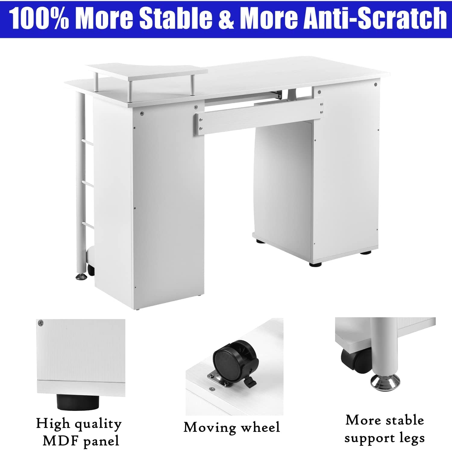 TenouvosĀ Best Computer Desk Writing Study Desk,Modern Style Home Office Desk,Laptop PC Table Workstation with 2 Drawers,CPU Pedestal,Shelf and Pull-Out Keyboard Tray,Quick Assembly (White)