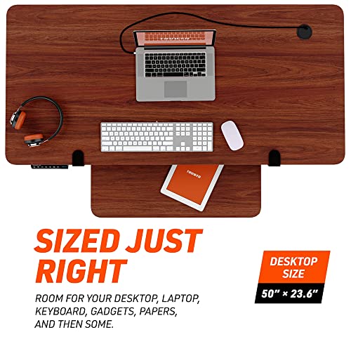 Truweo Adjustable Electric Standing Desk β 50 x 23.6 inches Sit to Stand Office Desk with Cable and Sliding Keyboard Tray β 3 Controlled Memory Height Settings β Anti-Scratch Surface β Brown