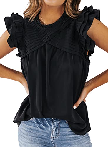 SHEWIN Womens Tank Tops Summer Ruffle Sleeveless Cute Shirts 2023 Trendy Casual Work Shirts,US 4-6(S),Black