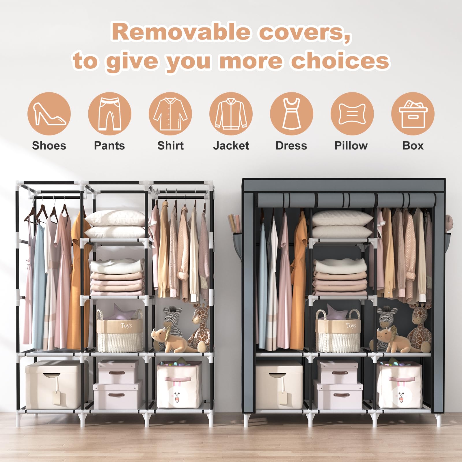 VTRIN Portable Closet Wardrobe for Hanging Clothes with 2 Hanging Rods and 8 Storage Organizer Shelves,Sturdy Large Wardrobe Closet for Bedroom Free Standing Clothes Rack with Cover,Grey