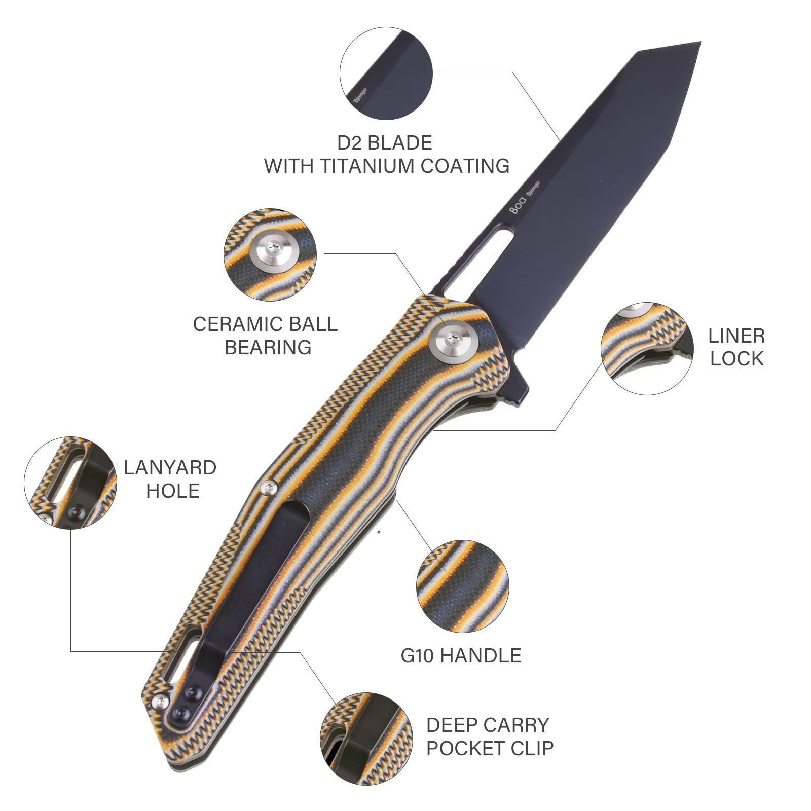 SHIELDON Boa Pocket Knife, 3.82" D2 Plain Blade with G10 Handle Folding Knife, Thumb Hole and Flipper Opener,Unique Tool Gift for Everyday Carry