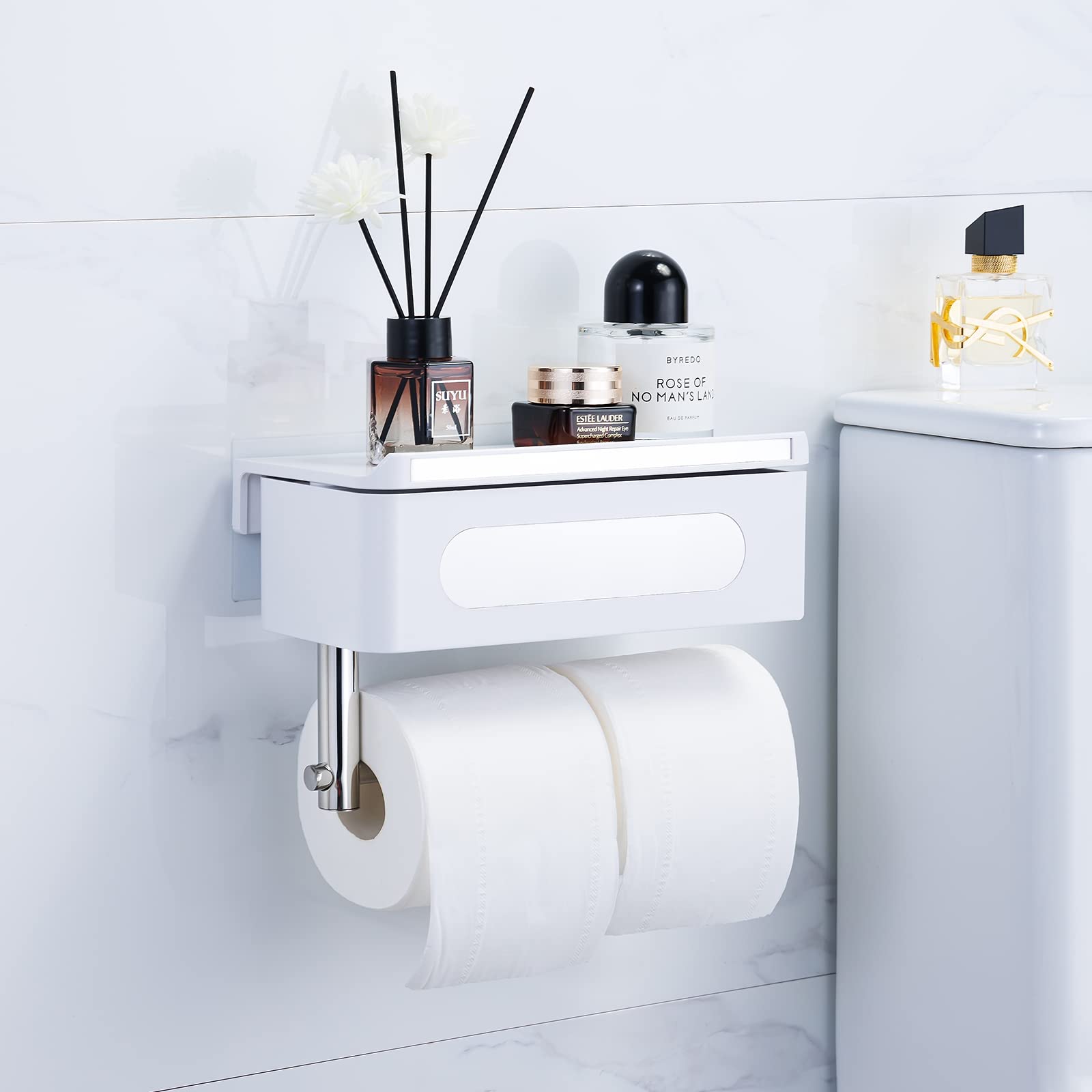 White Bathroom Toilet Paper Holder with Shelf and 180°Rotation Movable Storage Box, ABS Material Wall Mount Double Roll Tissue Holder Dispenser, Punching or Self Adhesive Two Different Installation