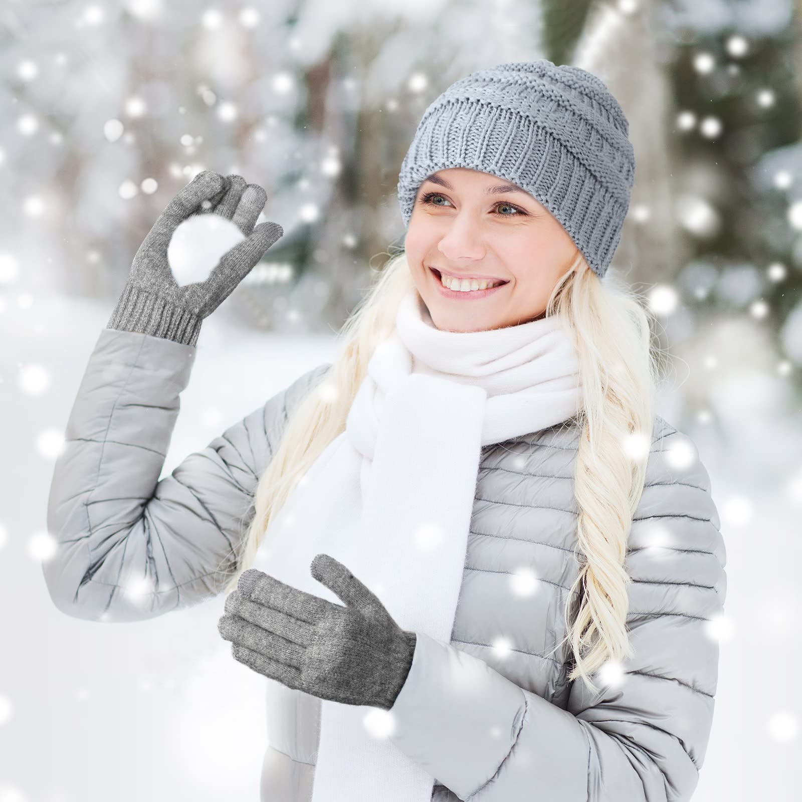 Winter Knit Beanie Hat Touchscreen Gloves Set, Soft Slouchy Skull Cap Gloves Set for Men Women Cycling Biking, 2 Sets (Navy Blue, Light Gray)