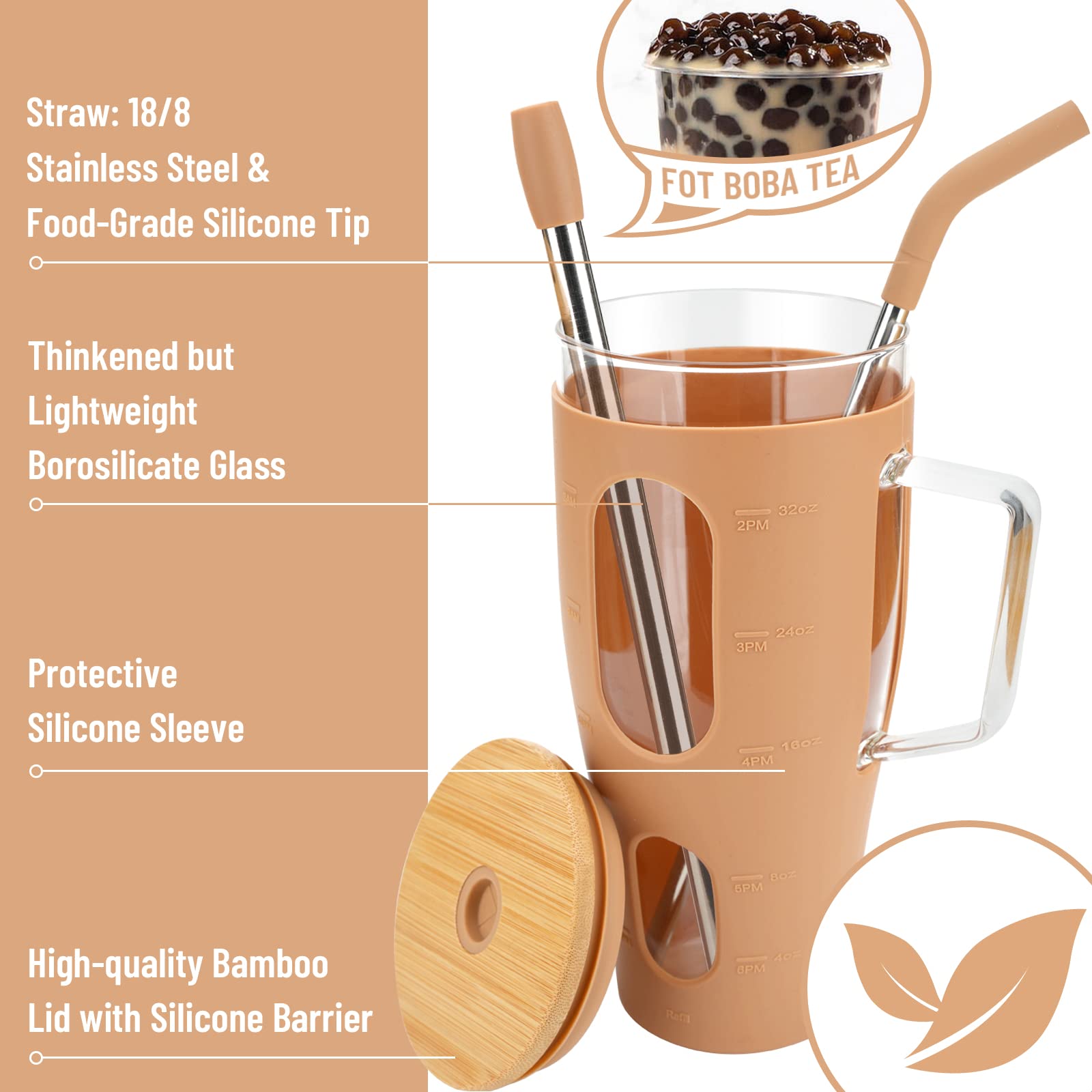 Zukro 40 oz Glass Tumbler with Handle and Wide Straw, Drinking Cup With Bamboo Lid For Water, Iced Coffee, Time Marker to Dink, Large Smoothie Cup with Silicone Sleeve, BPA Free, Fit Cupholder, Khaki