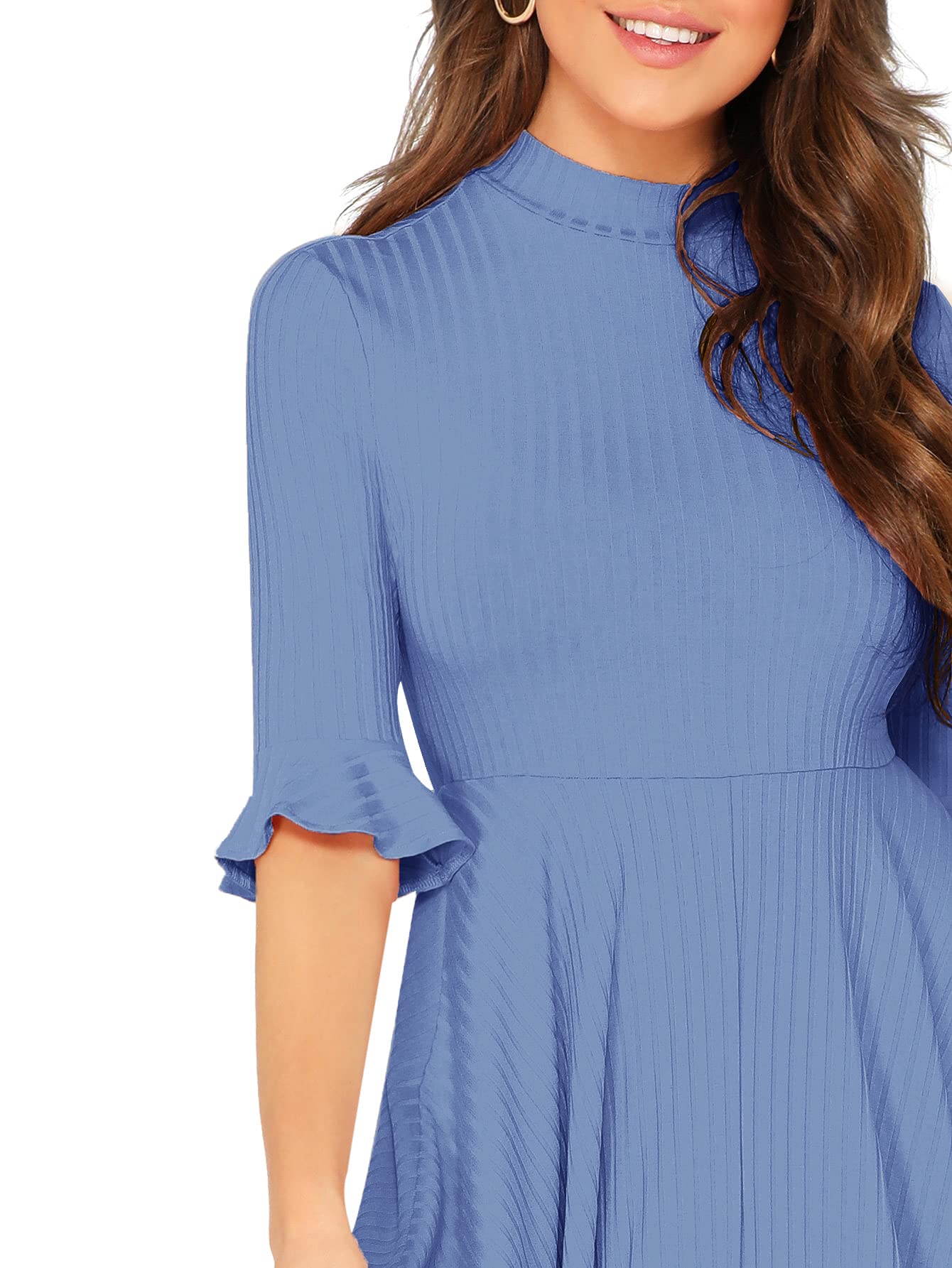 Verdusa Women's Elegant Ribbed Knit Bell Sleeve Fit and Flare Midi Dress Slate Blue S