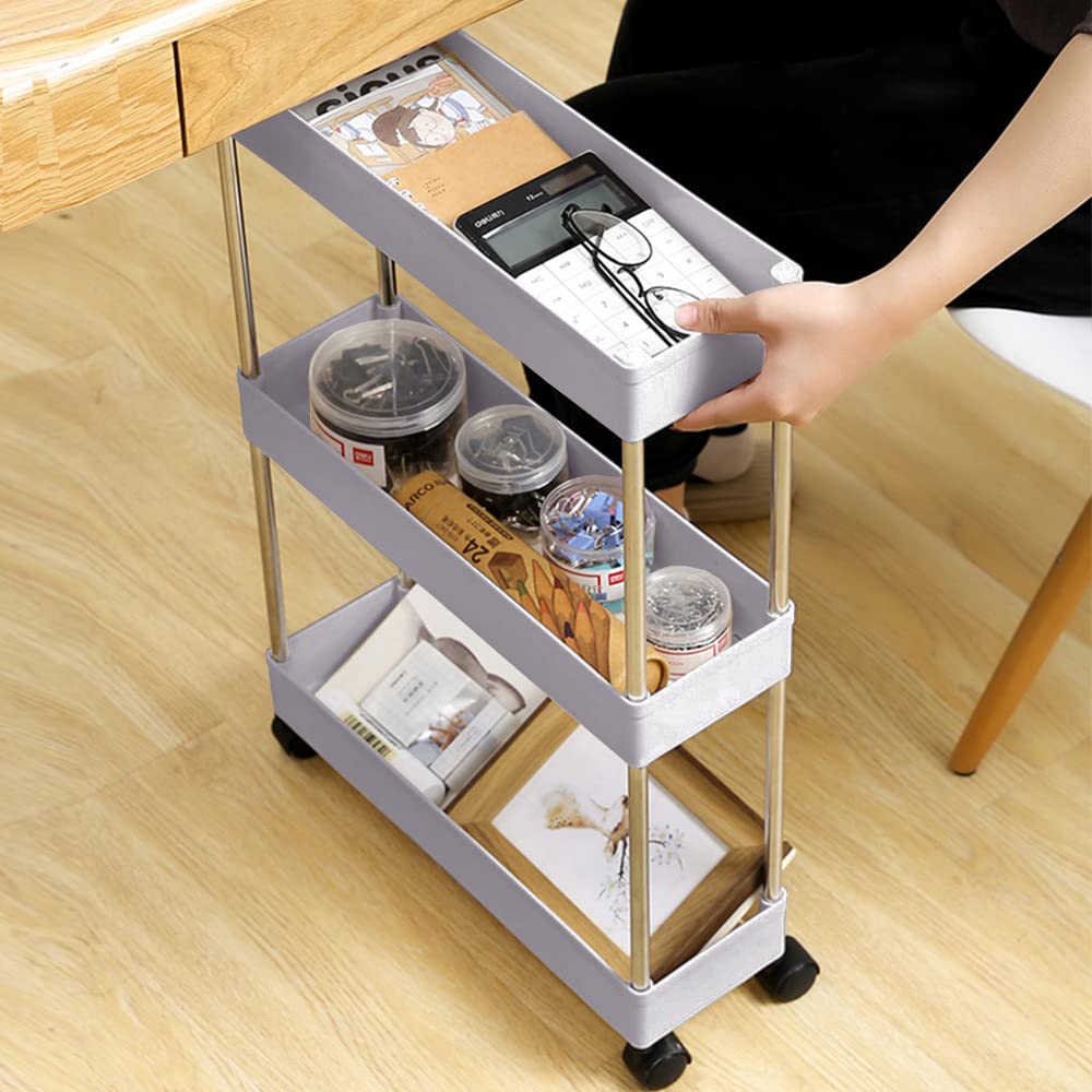 Slim Storage Cart, 3 Tier Mobile Shelving Unit Organizer, Slide Out Rolling Utility Cart Shelf Rack for Kitchen Bathroom Laundry Room Narrow Places, Plastic & Stainless Steel, Gray