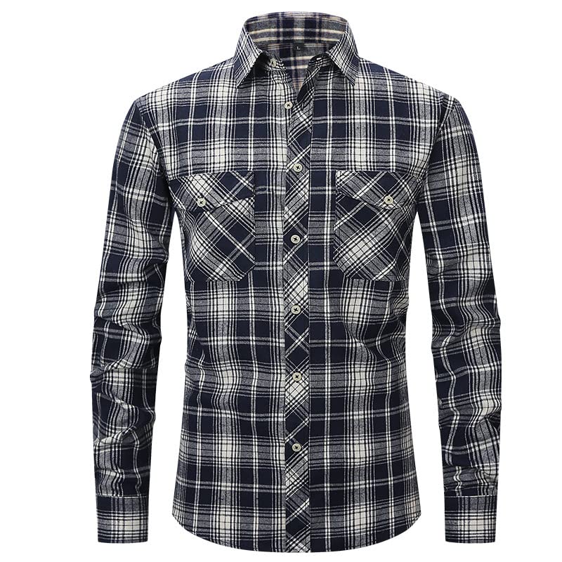 Shirts for Men Causal Plaid Double Pocket Shirts Long Sleeve Spring Autumn Flannel Social Dress Shirt M512 K S