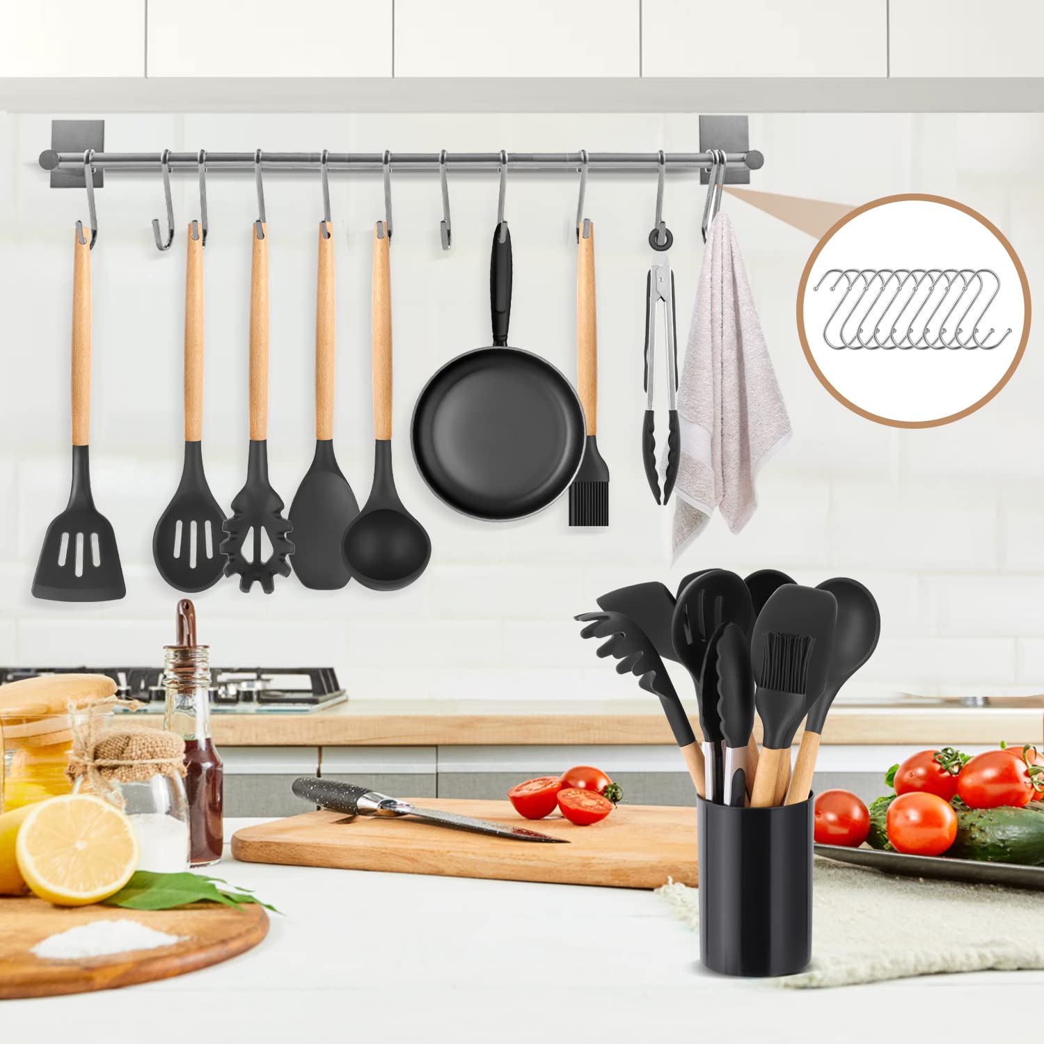 Silicone Kitchen Cooking Utensils Set - 33pcs Heat Resistant Kitchen Utensils Spatula Serving Spoons Set with Wooden Handle, Kitchen Essentials Gadgets w Holder for Nonstick Cookware Dishwasher Safe