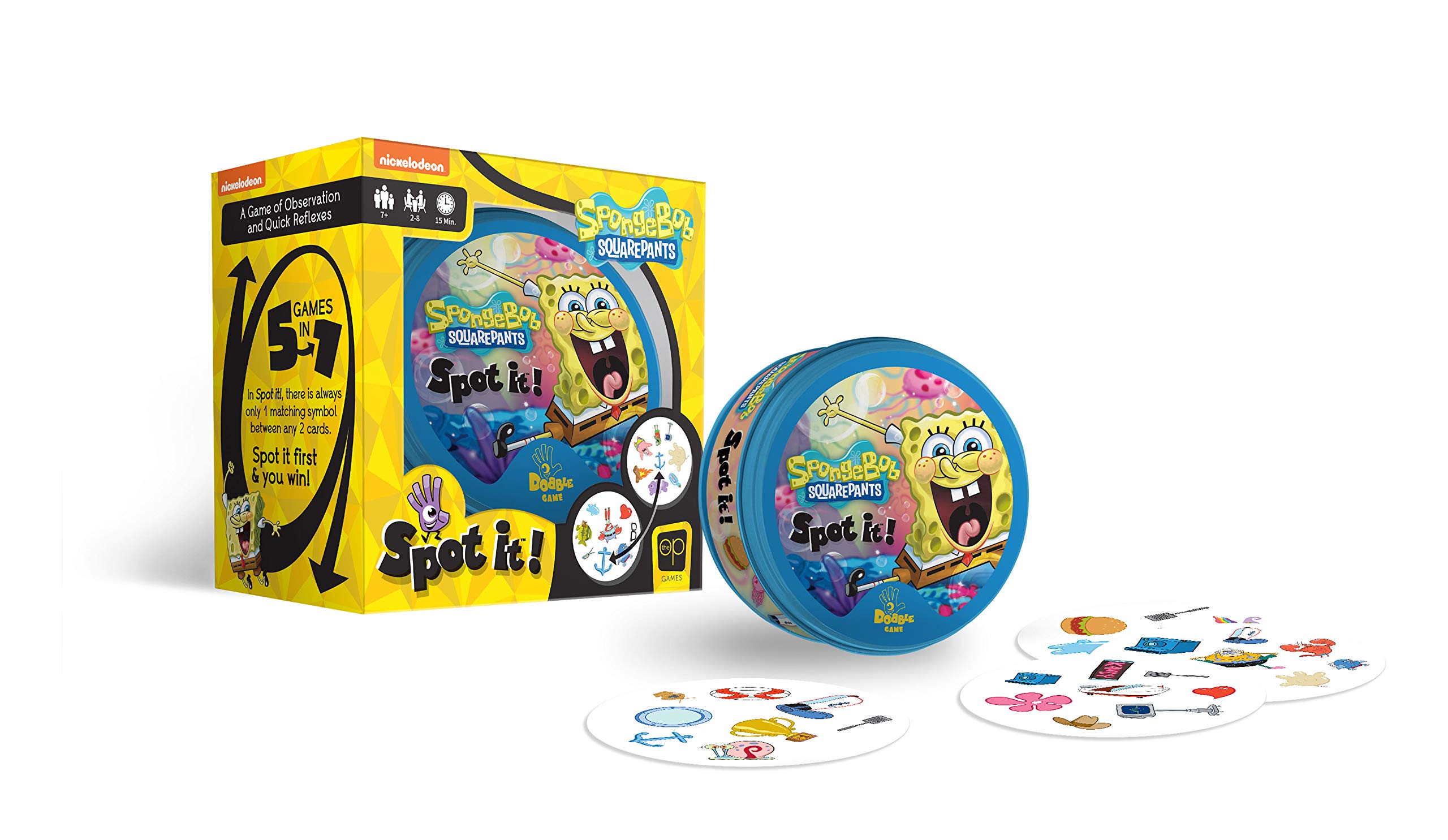 USAOPOLY Spot It! SpongeBob SquarePants | Fun Card Game for Kids and Adults | Featuring SpongeBob, Patrick, Squidward, The Krabby Patty, Gary and More | Licensed Nickelodeon SpongeBob SquarePants Game