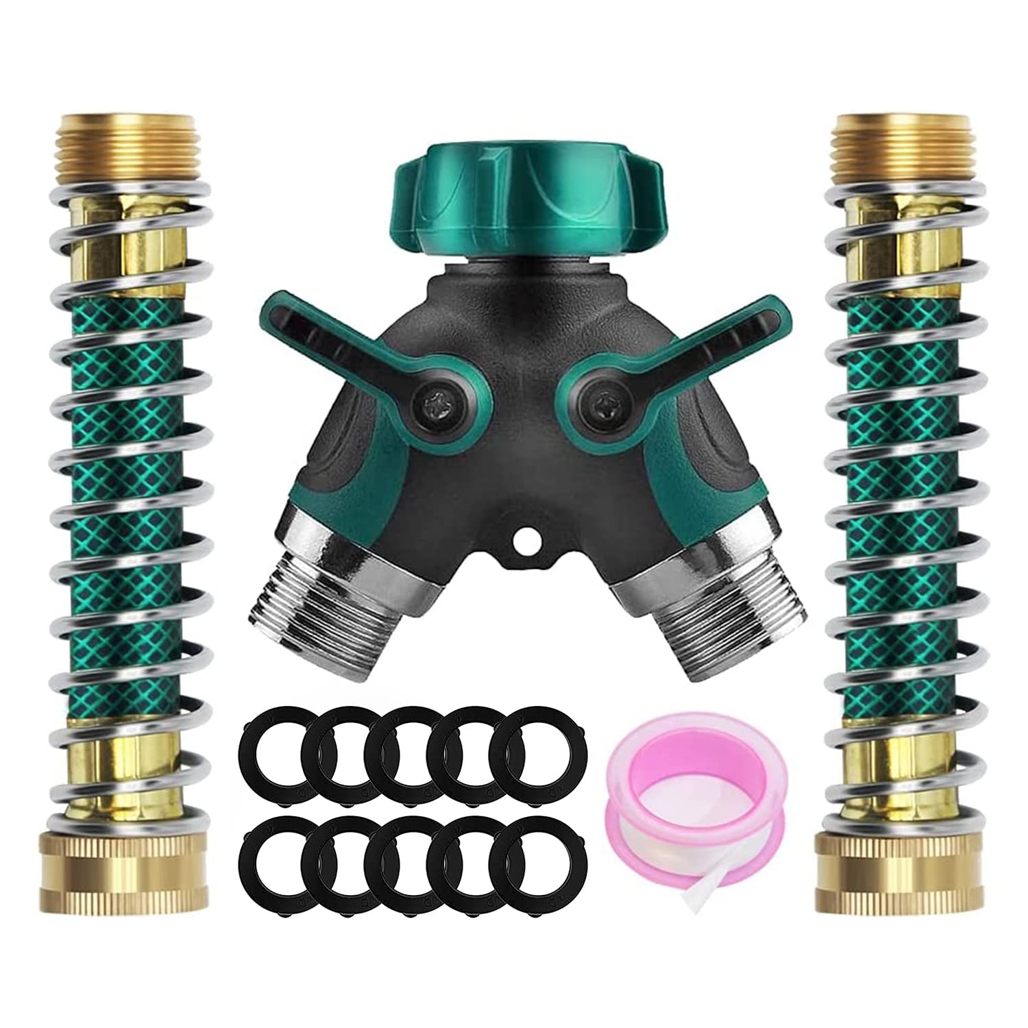 Water Splitter 2 Way Heavy Duty, 3/4" Garden Hose Splitter Y Way Connector 2 Valves Rubberized Grip with 2 Kink Free Faucet Extension Hose Protector 10 Rubber Washers