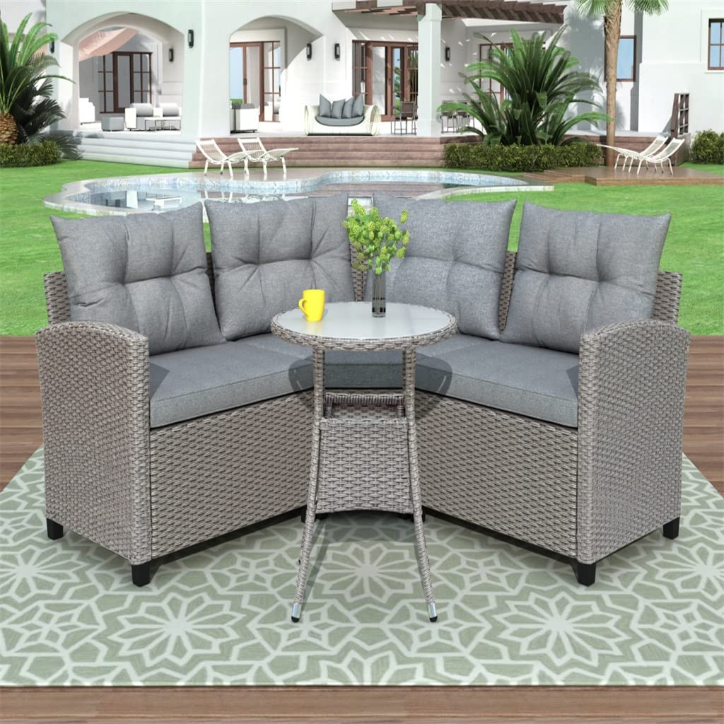 SLNFXC 4-Piece Resin Wicker Patio with Round Table, Gray Cushion Furniture Set Sofa-Type Garden Pool Balcony