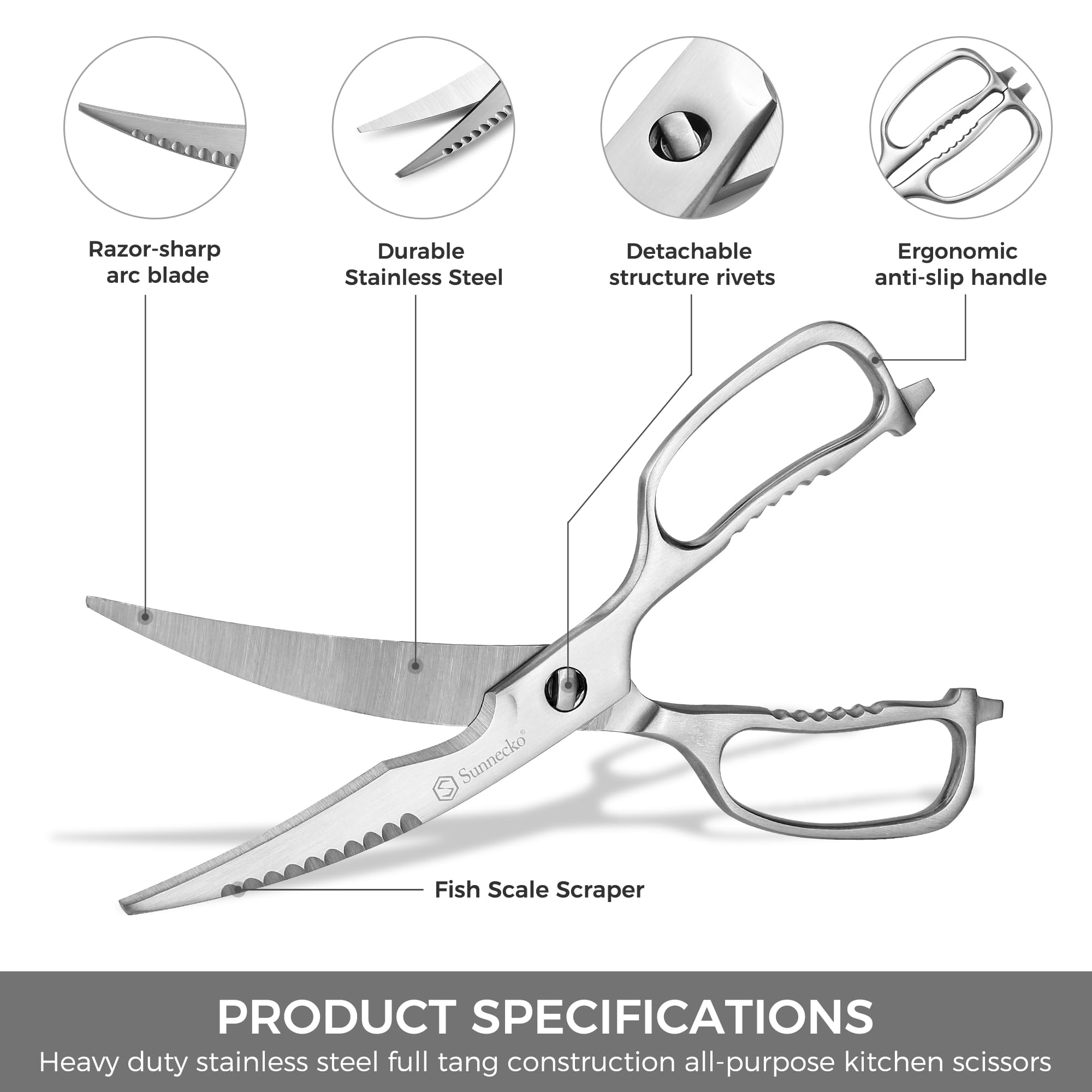 Sunnecko Kitchen Scissors for Food, Kitchen Scissors Heavy Duty Kitchen Shears That Come Apart, 9 Inch Fully Forged Stainless Steel with Curved Blades