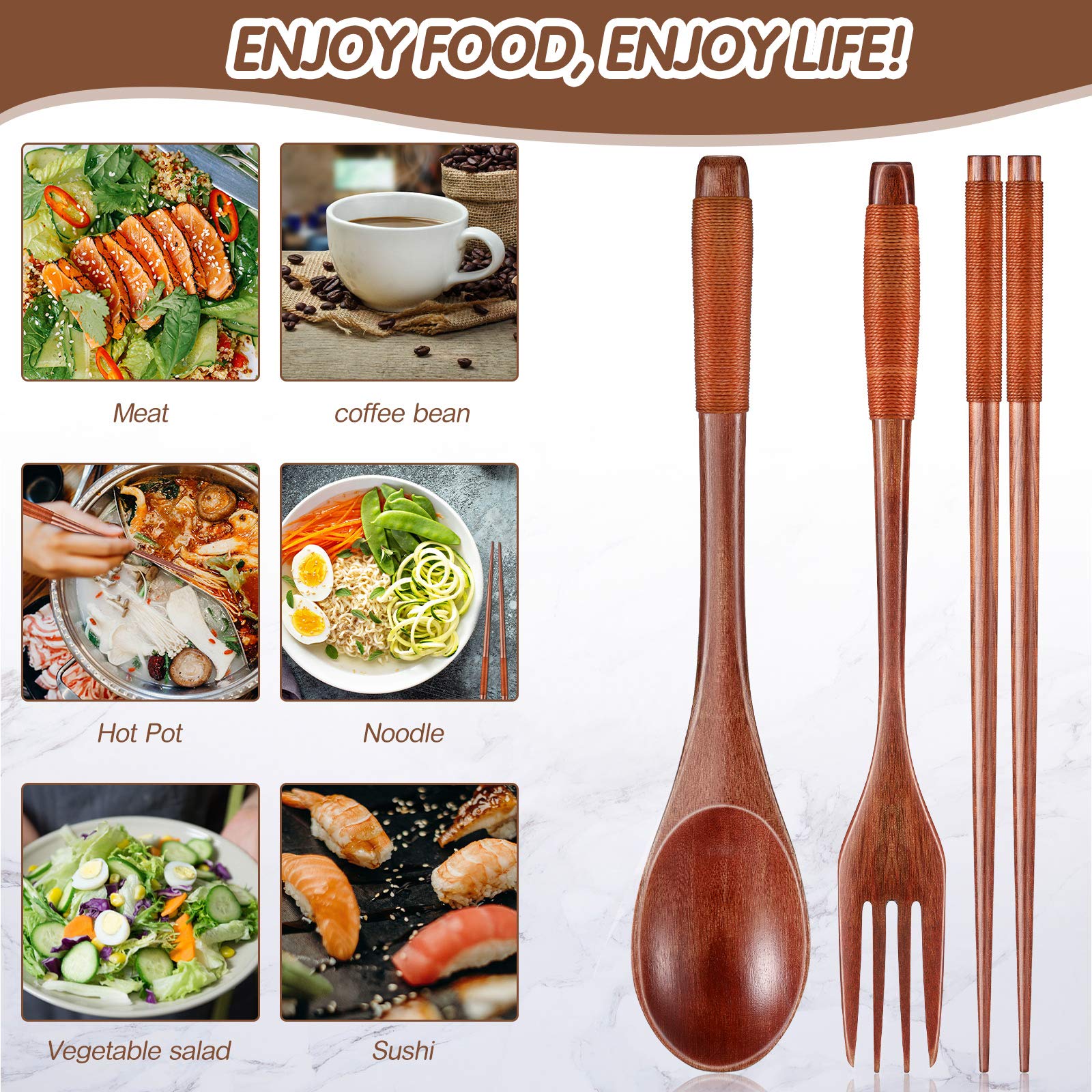 Vesici 24 Pieces Wooden Spoons Forks Chopsticks Set Wooden Flatware Tableware Cutlery Reusable Handmade Travel Flatware Set for Cooking Stirring Eating Mixing
