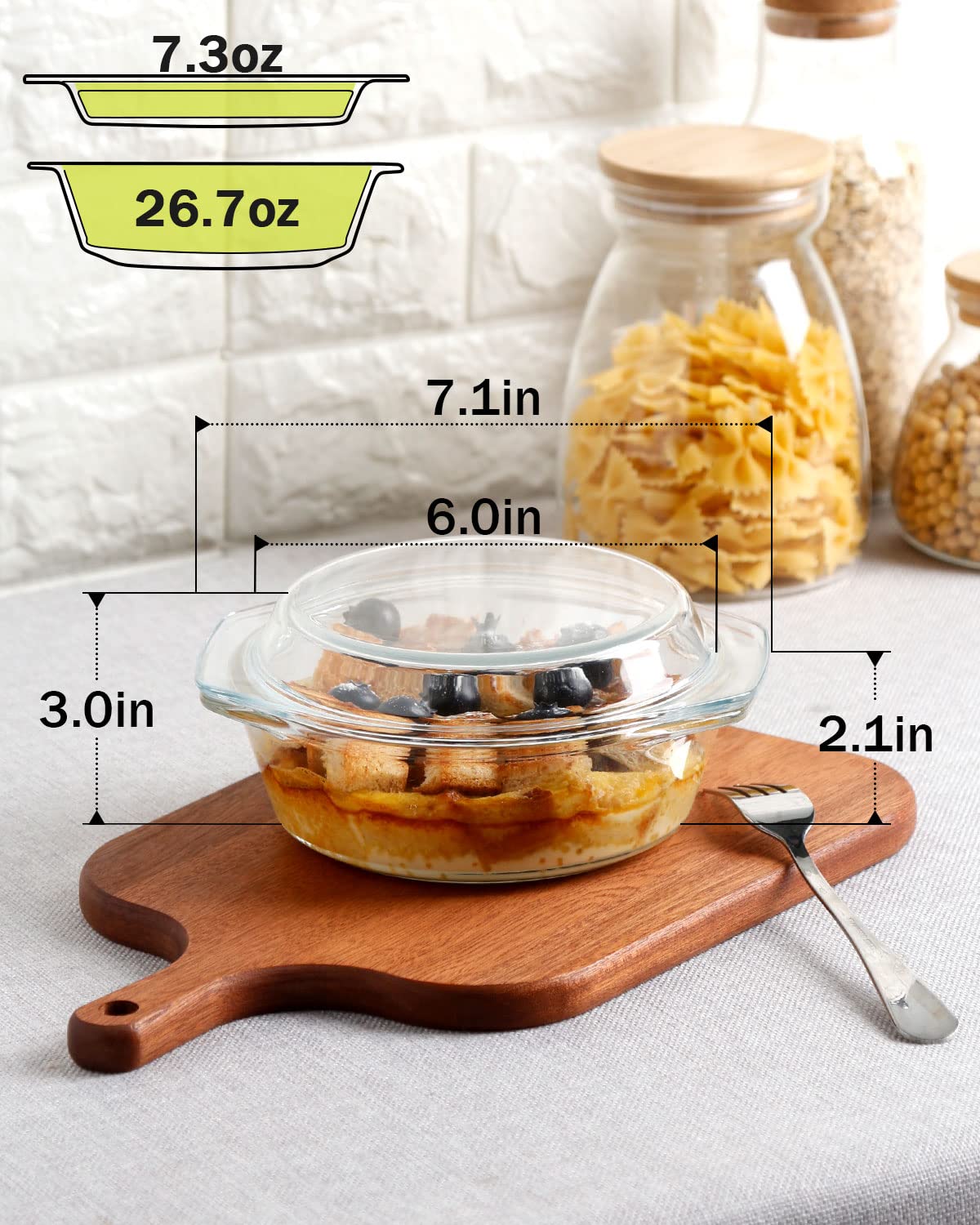 ZYER Small Glass Casserole Dish With Glass Lid Round Glass Microwave Safe Bowls with Lids, Glass Microwavable Bowls (0.65L)
