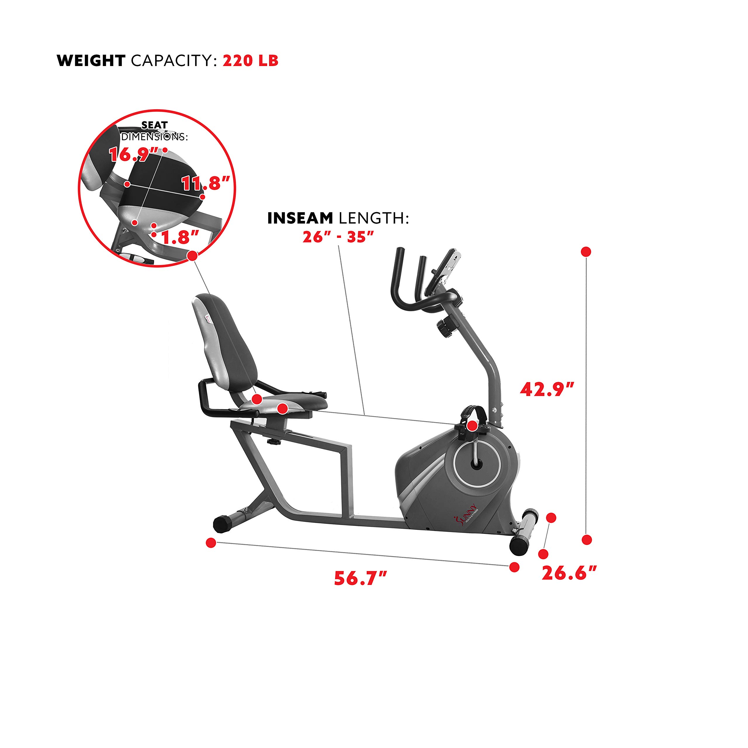 Sunny Health & Fitness Recumbent Bike - SF-RB4876, silver