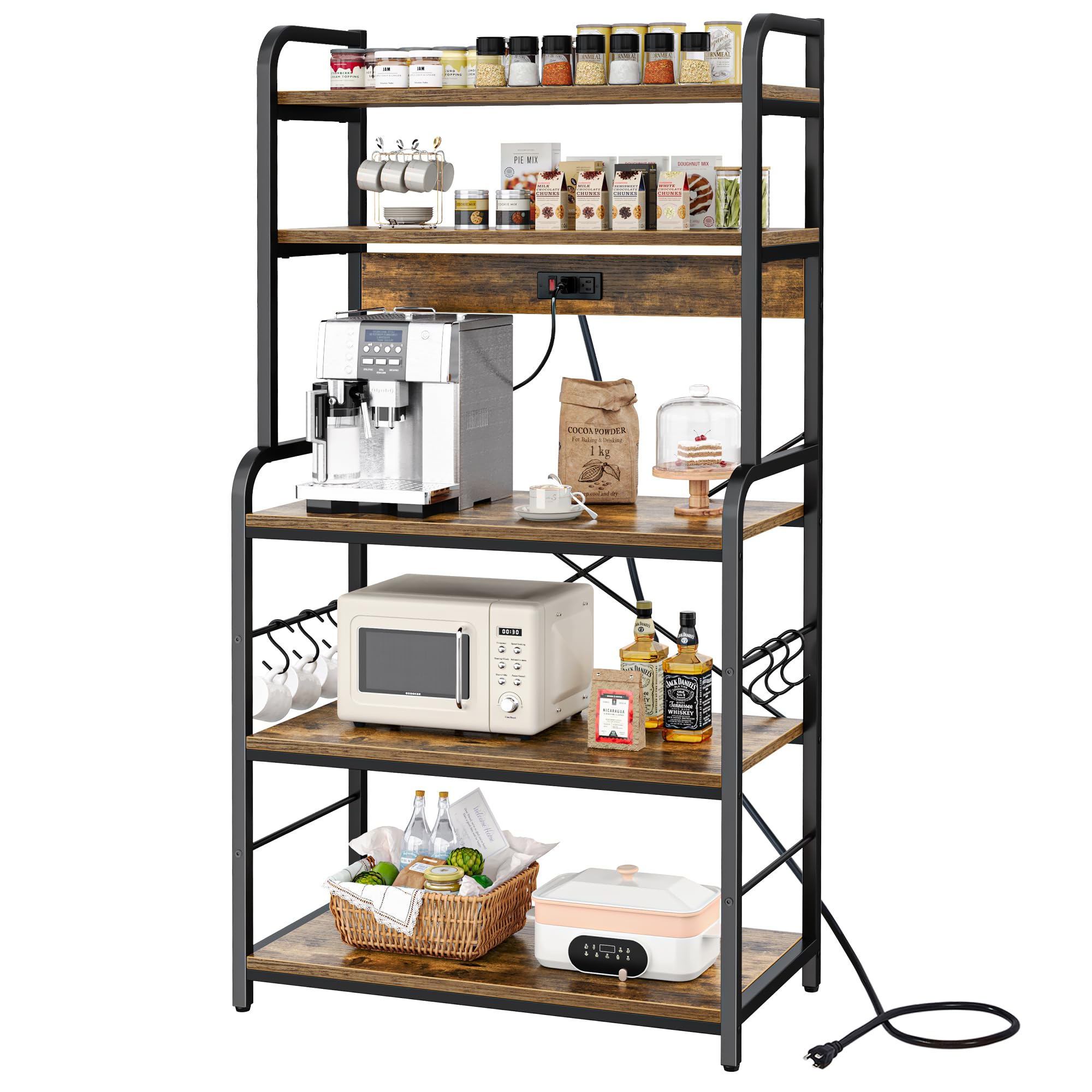 SUPERJARE Bakers Rack with Power Outlets, 65"H Coffee Bar, 5-Tier Microwave Stand with Storage, Coffee Station, Kitchen Rack with 6 S-Hooks, Kitchen Shelf Rack for Spices, Pots and Pans, Rustic Brown