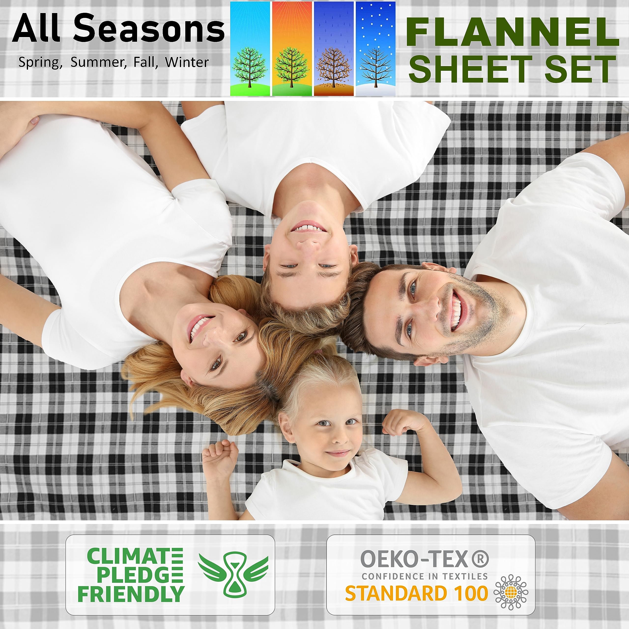 RUVANTI Flannel Sheets Full Size - 100% Cotton Brushed Bed Sheet Sets - Deep Pockets 16 Inches (fits up to 18") - All Seasons Breathable Super Soft - Warm & Cozy - 4 Pcs - Black & White Plaid