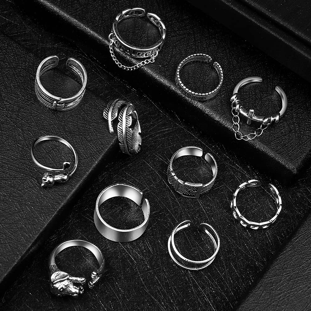 SUNNYOUTH 20 Pcs Open Rings Frog Leaf Chain Adjustable Ring for Women Men Girls Punk Vintage Gothic Stackable Ring Jewelry Set