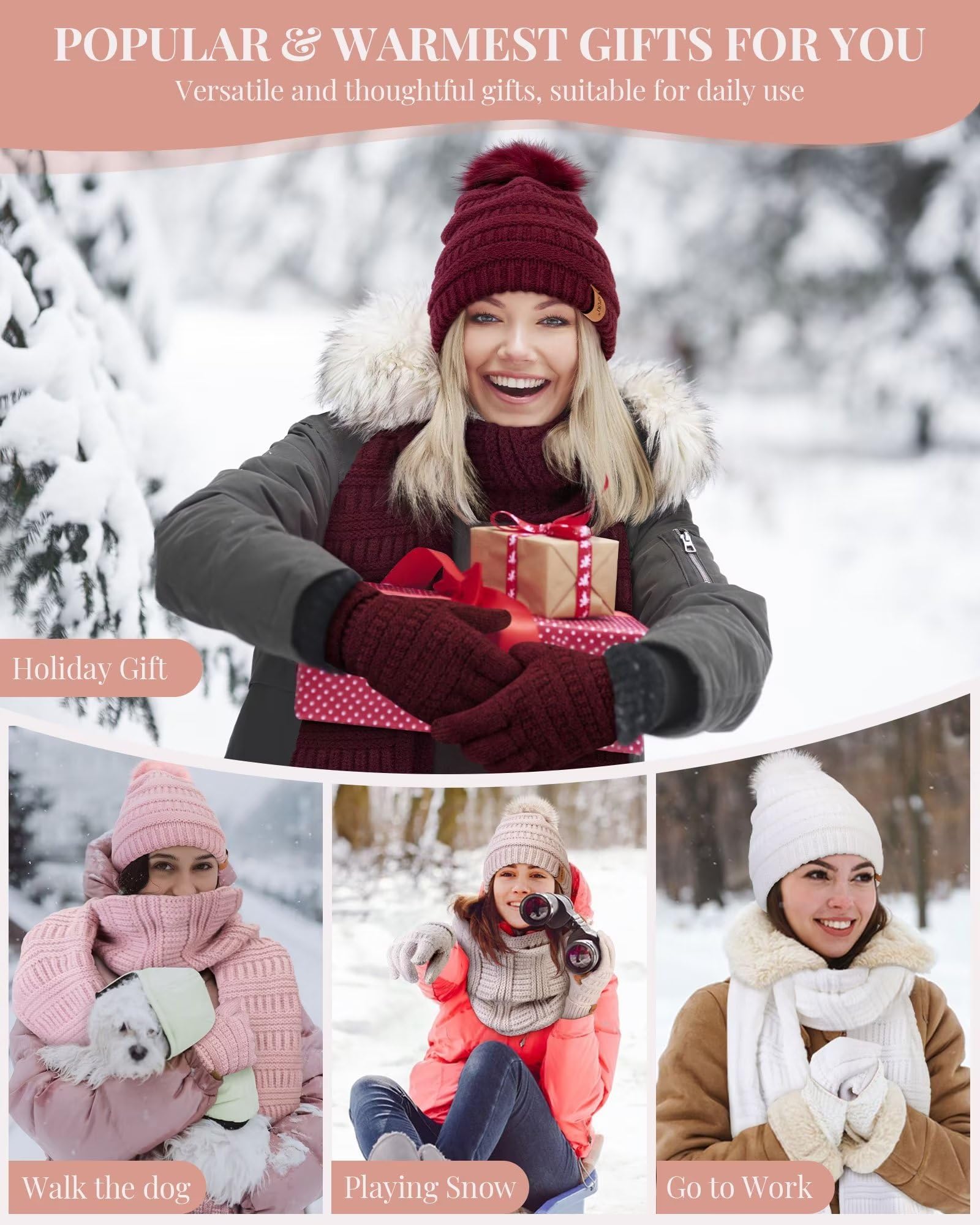 Womens Winter Beanie With Pom Pom, Fleece Lined Scarf and Touchscreen Gloves Set for Cold Weather (Black)