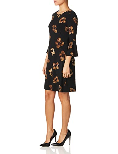 Tommy Hilfiger Women's Jersey Bell Sleeve Dress, Black/Beige Floral, 2