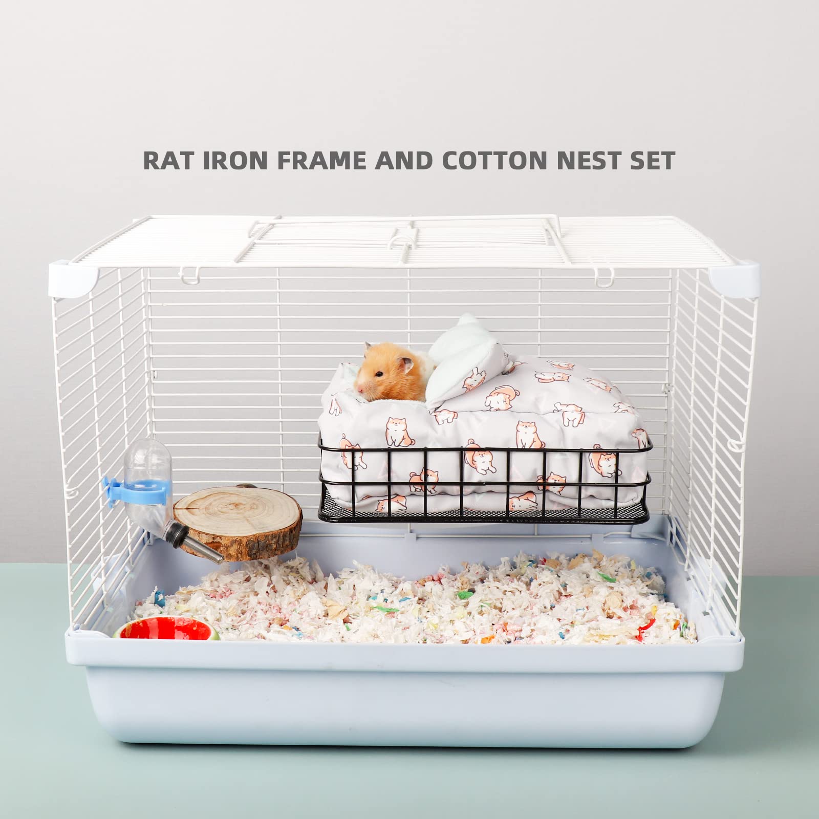 Small Animal Iron Bed Set, Rat Hanging Hammock Basket, Sugar Glider and Hamster Nest Cage Accessories Hideout for Small Pet (Black-Set)