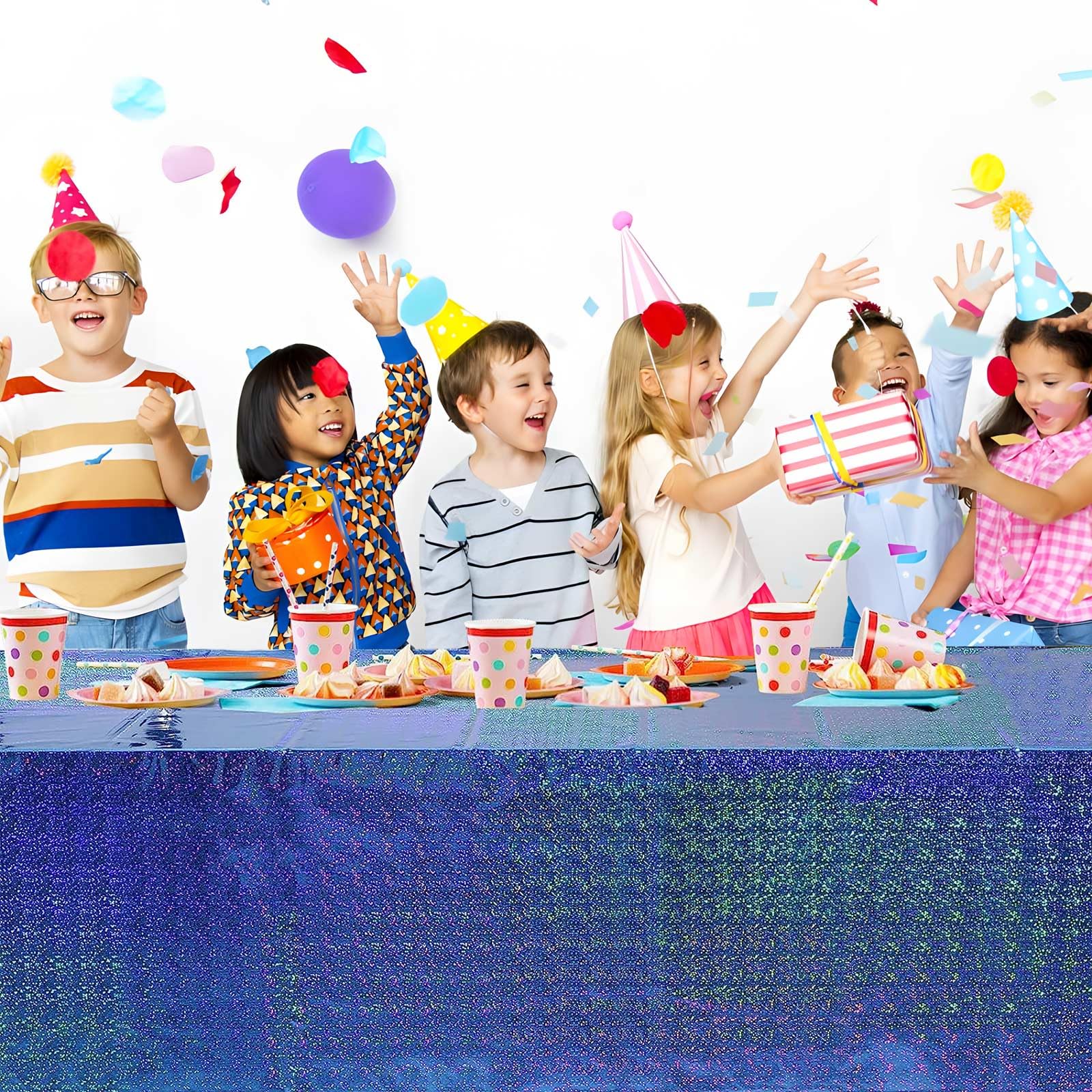 Smilelife 4 Pack Iridescence Tablecloths Shiny Disposable Laser Table Covers Rainbow Holographic Foil Tablecloth for Birthday Party Decorations Wedding Christmas 54" x 108" (Blue)