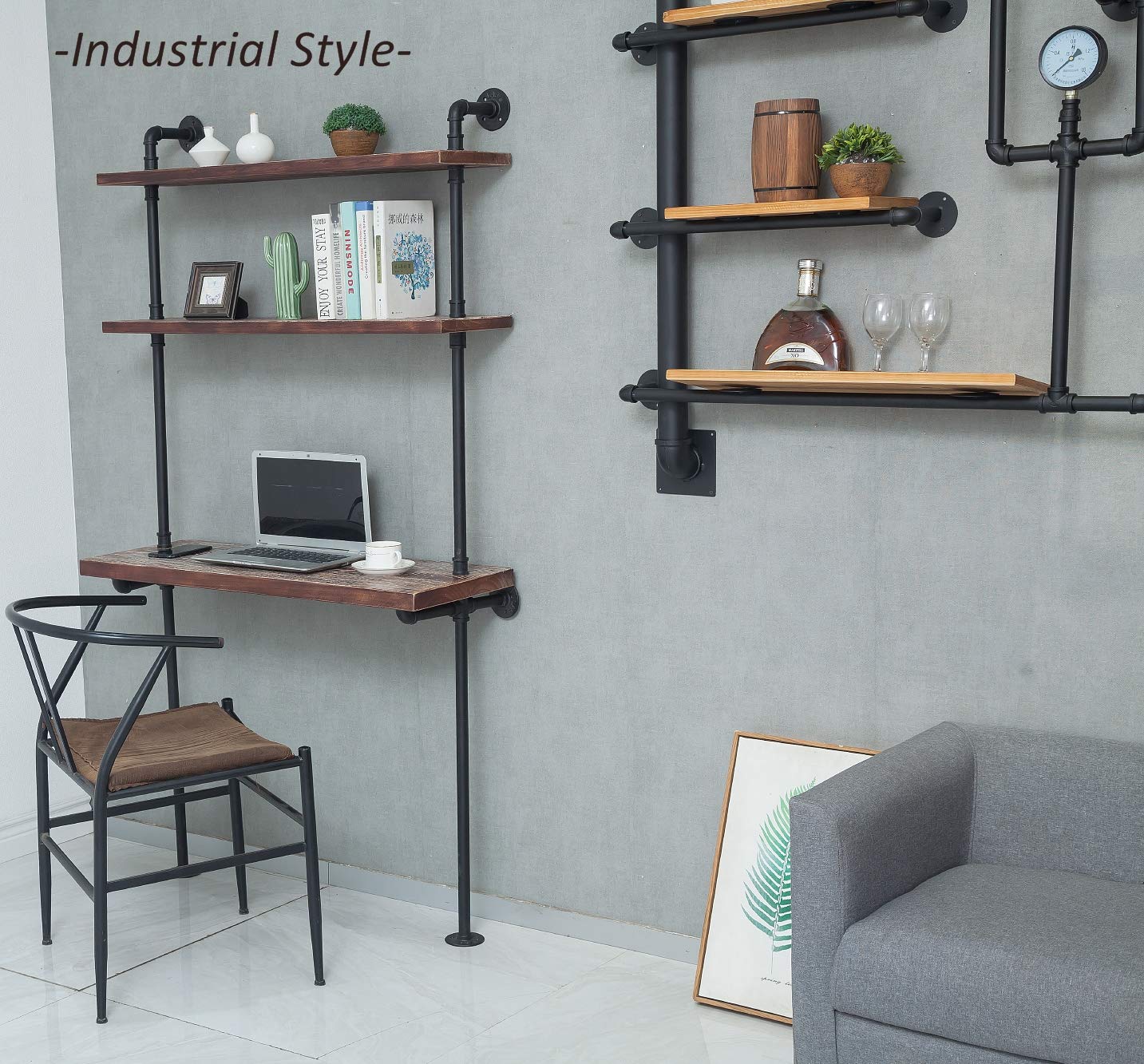 WAKI HOME Industrial Wall Laptop Desk Solid Wood Computer Desk Bookcases Storage Table with Shelves Wall Shelf Bookshelf Floating Shelves for Home Office