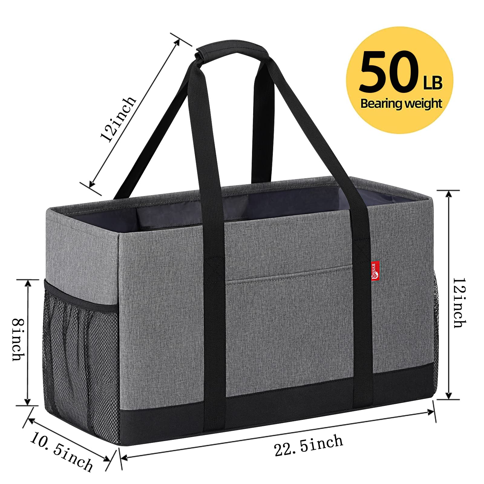 RVSNQ Extra Large Utility Tote Bag, Foldable Reusable Grocery Bags, Collapsible Tote with Metal Wire Frame & Reinforced Bottom Board, Stand up Large Utility Tote for Groceries, Shopping, Storage(Grey)