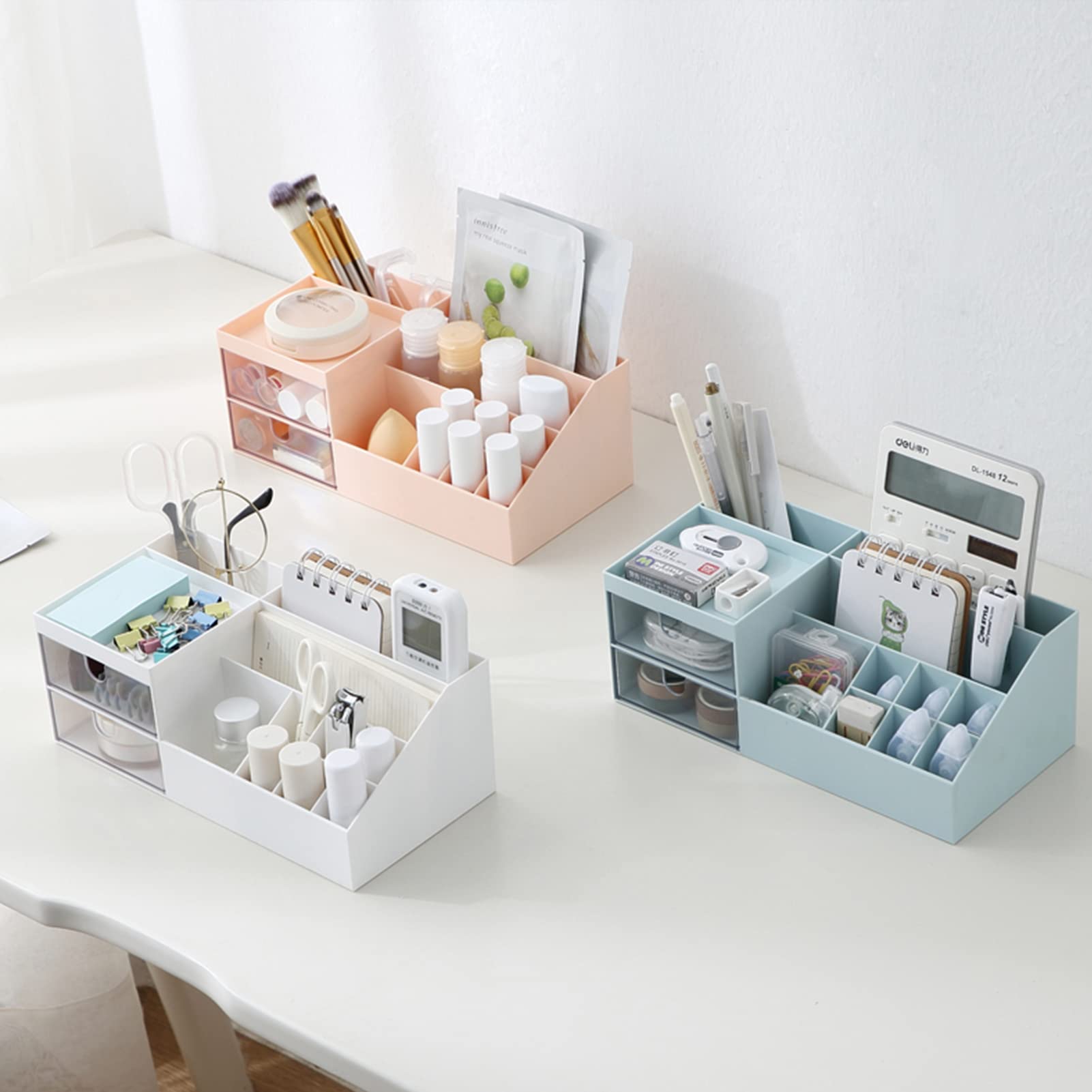 vibeross Makeup Organizer with 2 Drawers for Vanity, Desk Organizers 10 Compartments Bathroom Organizer Cosmetic Storage
