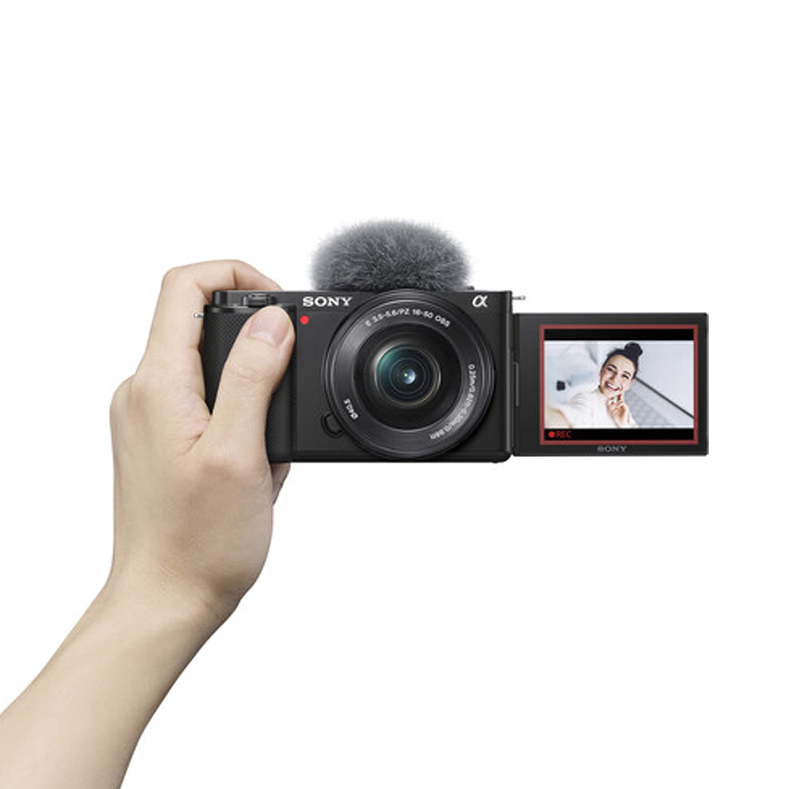 Sony ZV-E10 + 16-50mm Lens, LED Light, Microphone, 64GB, U-Grip, Filters, Tripod, Case, Software, & More – Pro Video Bundle (38pc)