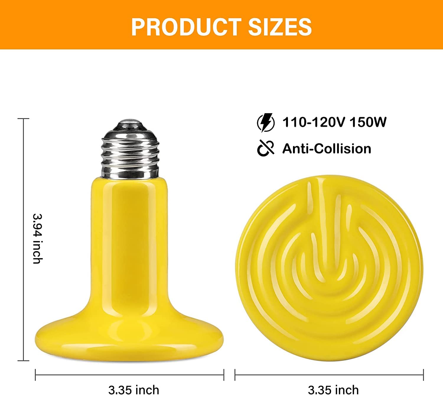 Simple Deluxe Ceramic Heat Emitter Heating Bulb No Light Reptile Heat Lamp, Brooder Coop Heater for Terrarium Amphibian Pet Snake Turtle, Incubating Chicken, 150W, 2 Pack, Yellow