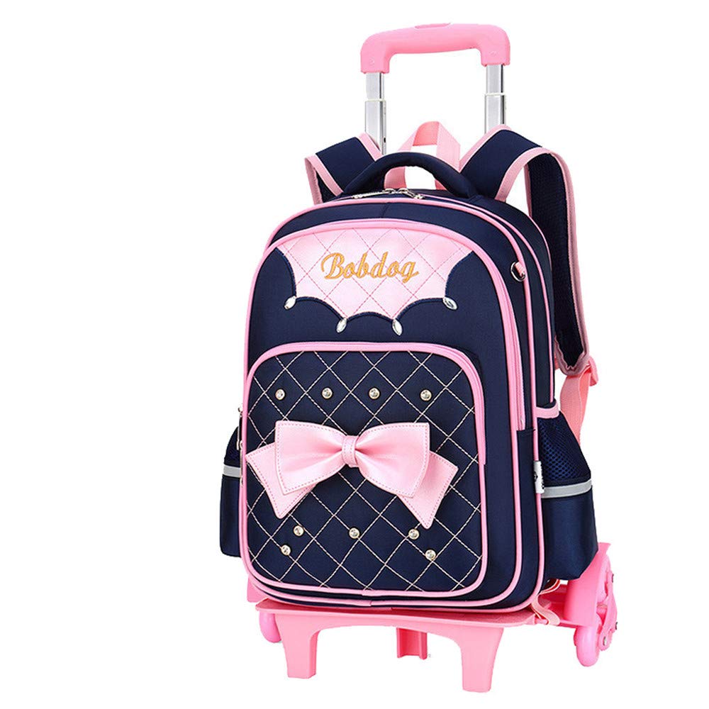 VIDOSCLA Cute Print Bowknot Trolley Backpack Elementary Middle School Rolling Bag Wheeled BookBag for Kids Girls