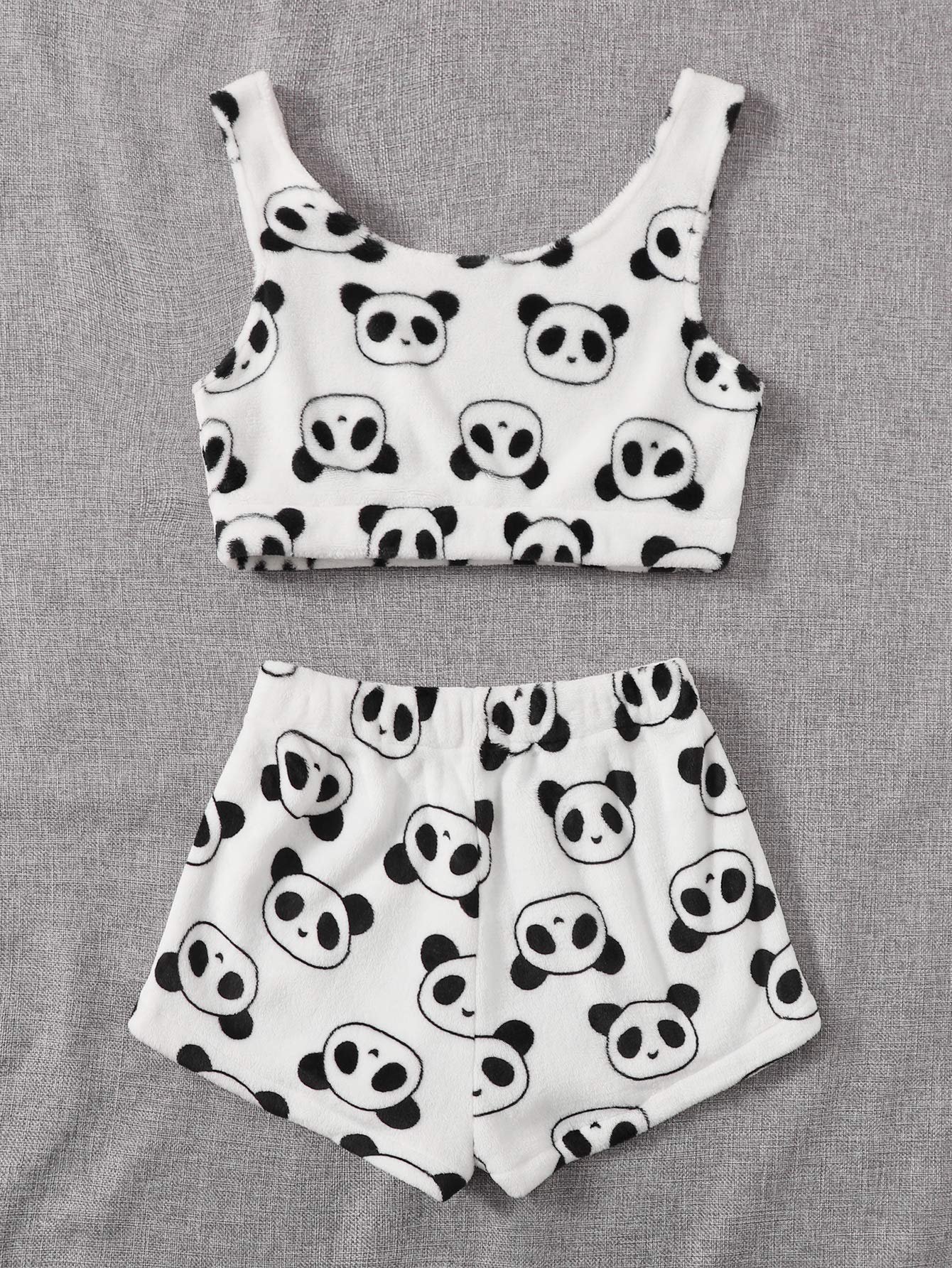 SweatyRocks Women's Fuzzy Pajamas Set Crop Tank Top with Shorts Loungewear Panda White S