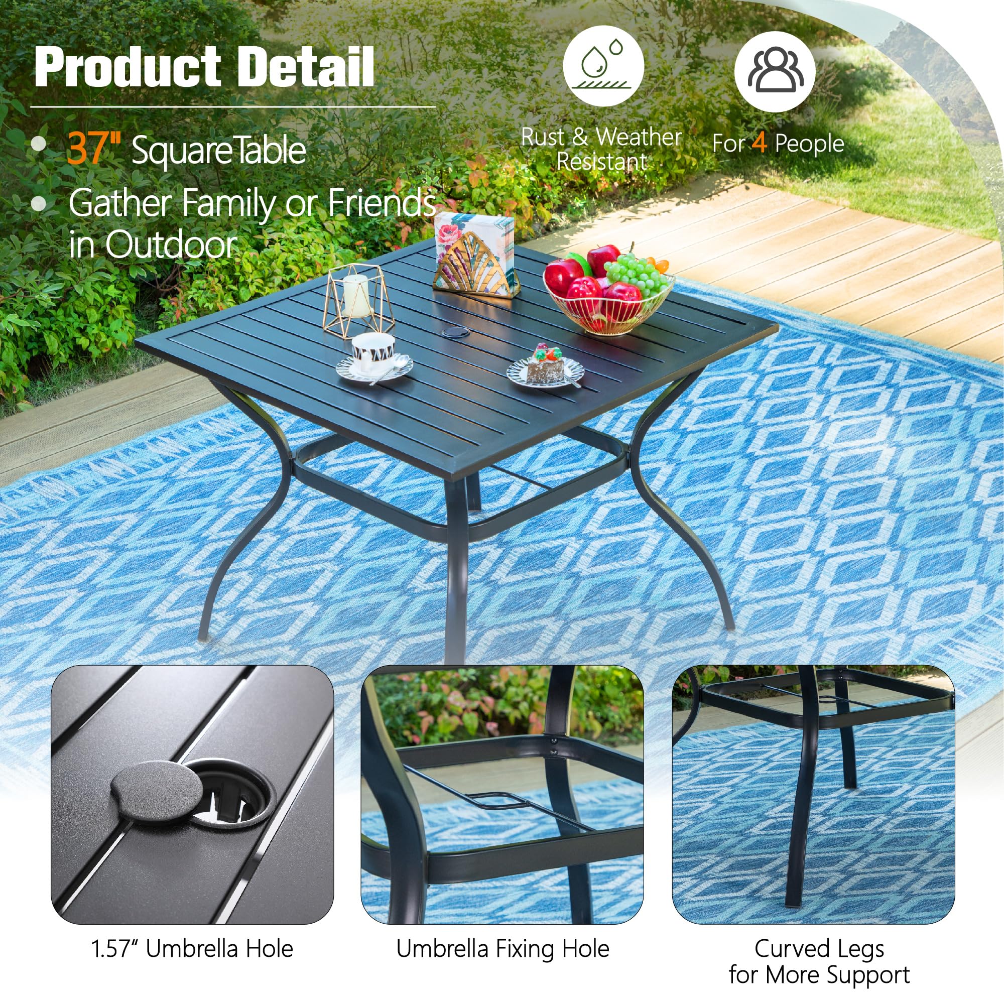 Sophia & William 6-person Metal Outdoor Patio Dining Table Rectangular, E-coating XLarge 63.8"L x 38.2"W Slat Tabletop, Adjustable Umbrella Hole 1.6"- 2", Patio Furniture for Porch Backyard Deck, Teak