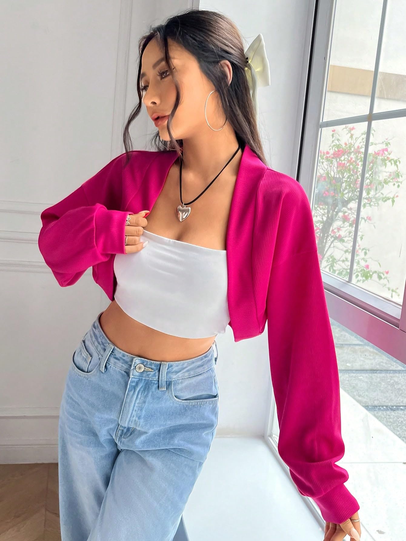 SweatyRocks Women's Casual Long Sleeve Ribbed Knit Top Open Front Cropped Cardigan Sweater Hot Pink M