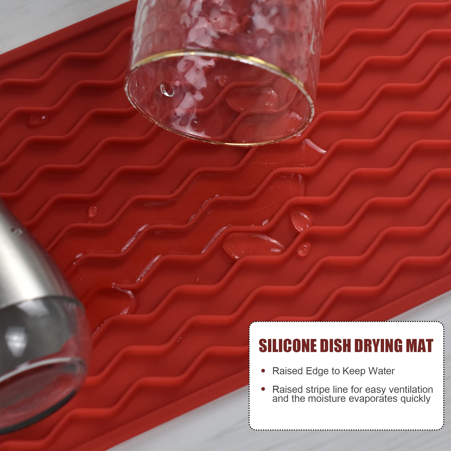 Silicone Dish Drying Mat, Non-Slip Easy Clean Sink Mat Large Heat-resistant Dish Drainer Mat for Kitchen Counter, Sink, Refrigerator or Drawer liner (12" x 6", RED)