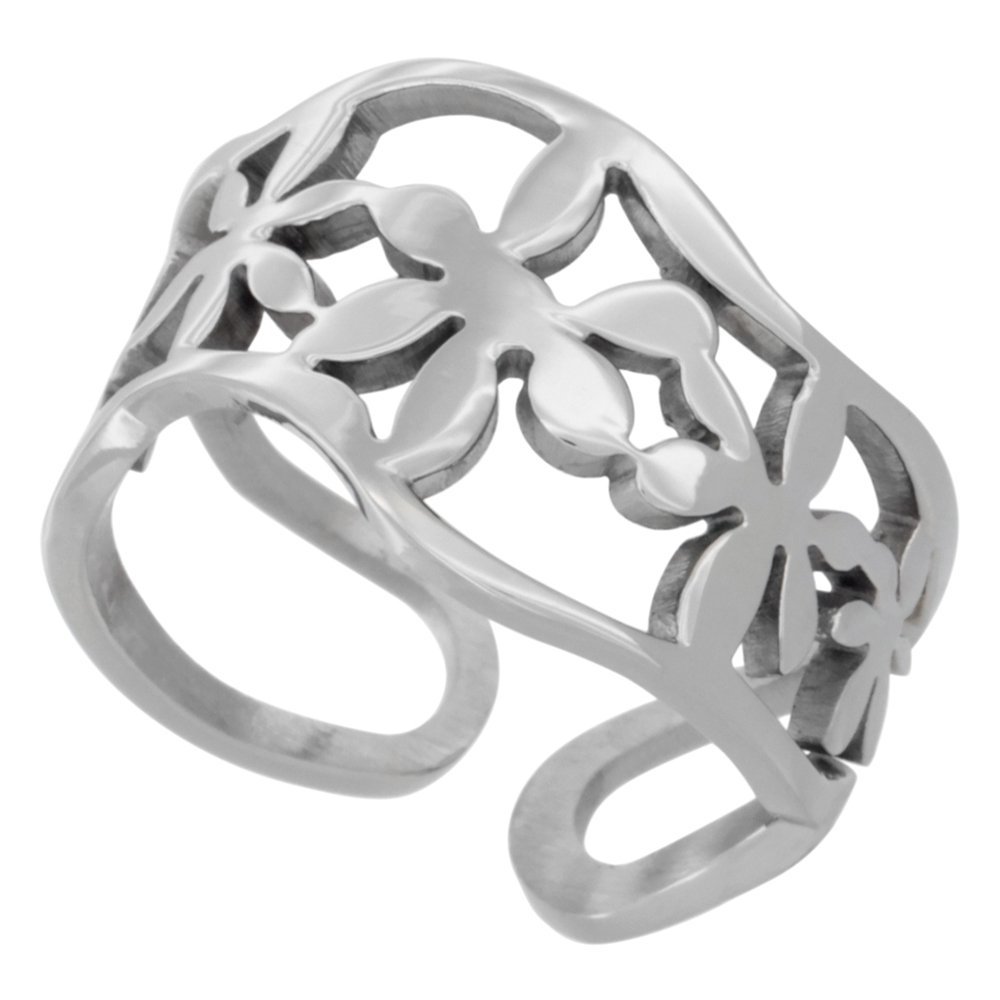 Sabrina Silver Stainless Steel Floral Wavy Cuff Ring, 9/16 inch wide, size 9