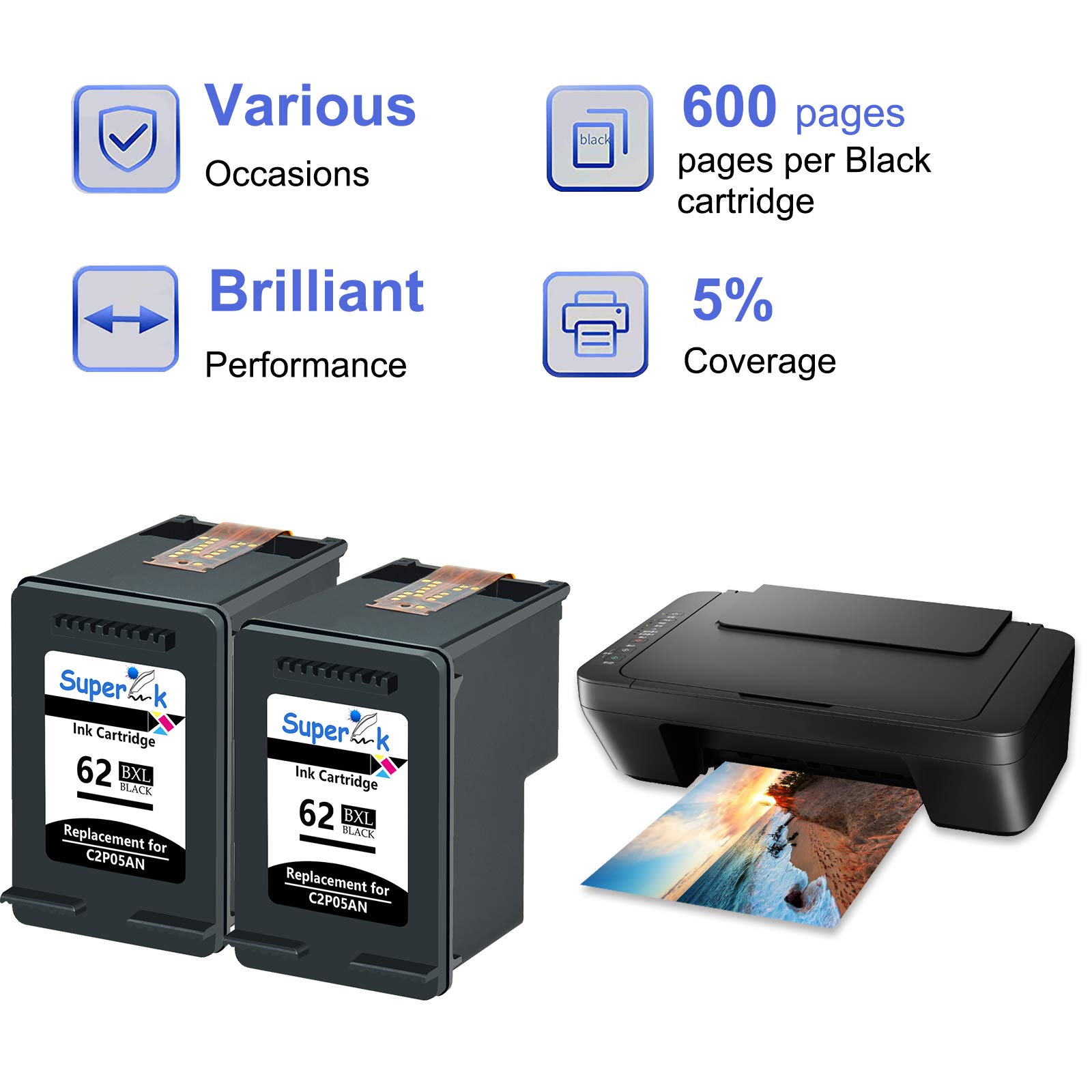 SuperInk Replacement Compatible for HP 62XL 62 XL C2P05AN Ink Cartridge High Yield (5 Black) Use in Envy 5665 7640 7643 7644 7645 8000 8005;Officejet 200 250 258 5743 5744 8040 8045 Printer