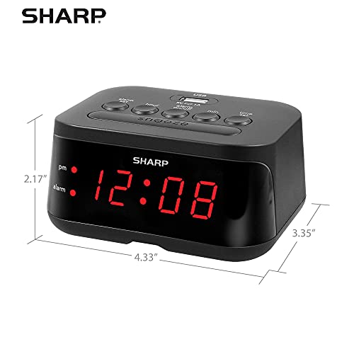 SHARP Digital Alarm Clock with USB Charge Port & Red LED Display