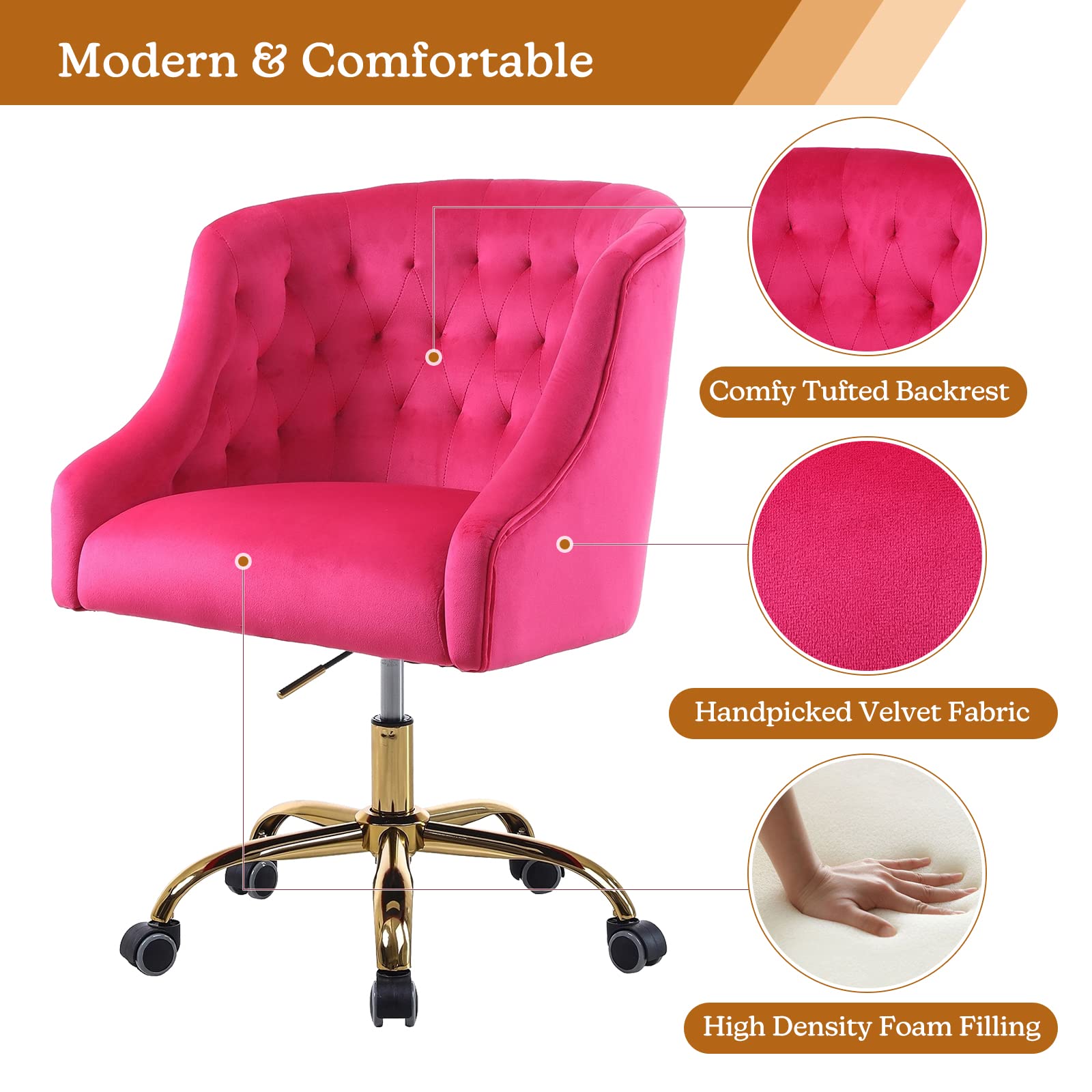 Velvet Home Office Chair with Gold Base, Comfortable Modern Cute Desk Chair, Adjustable Swivel Task Chair for Living Room Bedroom Vanity Study, Fushia