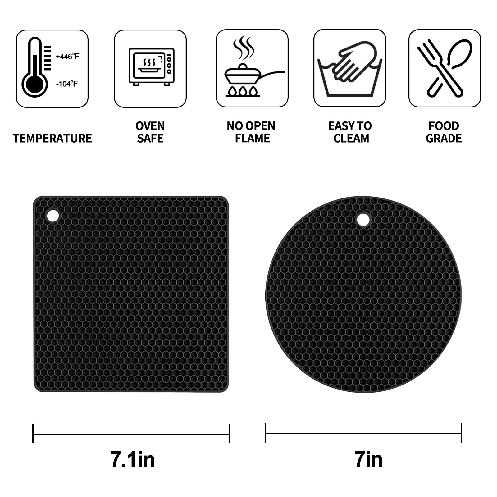 Silicone Trivets for Hot Dishes - 4 Heat Resistant Mats for Countertops, Multipurpose Non-Slip Hot Pads for Kitchen Potholders, Jar Opener, Spoon Holde, Food Grade Silicone(Black)