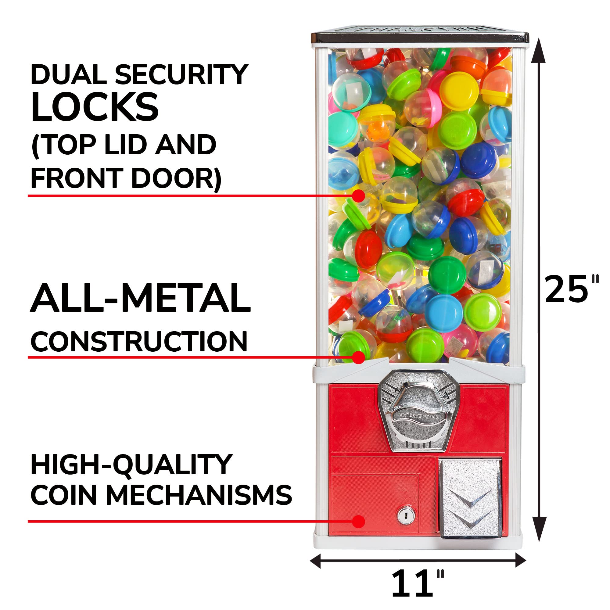Vending Machine - Big Capsule Vending Machine with Stand - Prize Machine - Commercial Vending Machine for 2 Inch Round Capsules Gumballs Bouncy Balls - Red