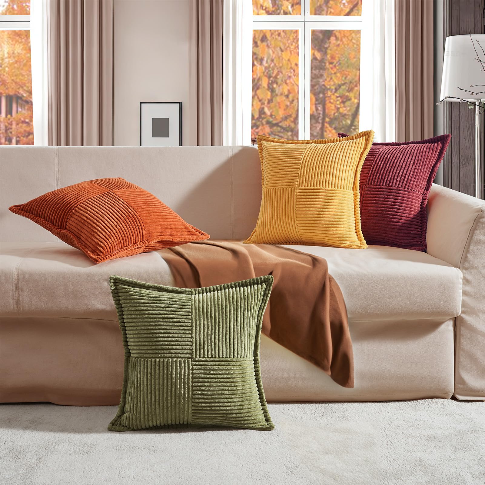 Topfinel Burnt Orange Fall Decorative Throw pillows covers 18x18 Inch Set of 4,Rustic Corduroy Striped Splicing Yellow Green Orange Pillowcase Home Decor,Square Cushion Covers for Couch Sofa Bed