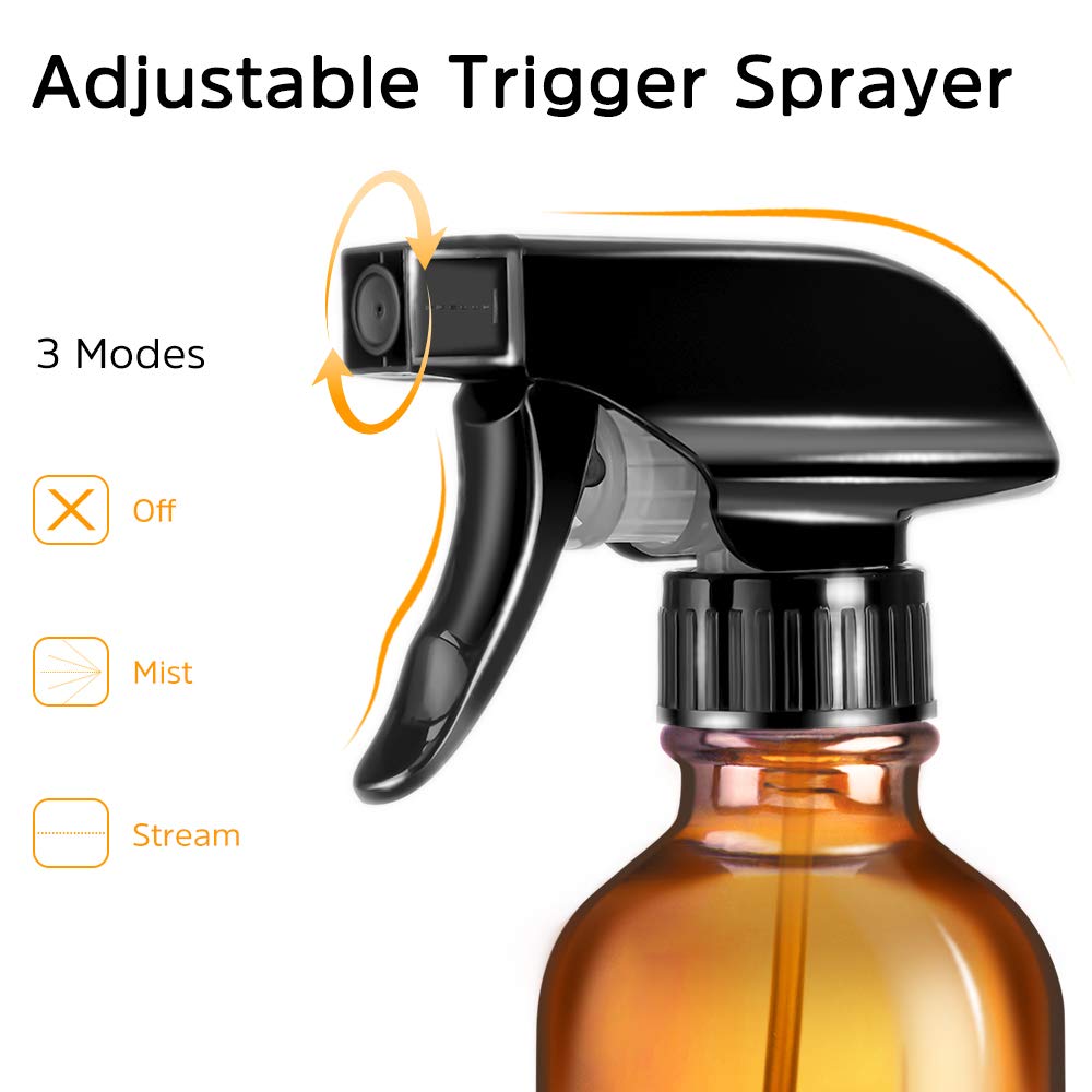 TECOHOUSE Glass Spray Bottle for Cleaning Solutions and Essential Oils, 4 oz Empty Refillable Sprayer Container with Labels, Funnel, Lids, Graduated Pipettes - Pocket Size 4 Pack (Amber)