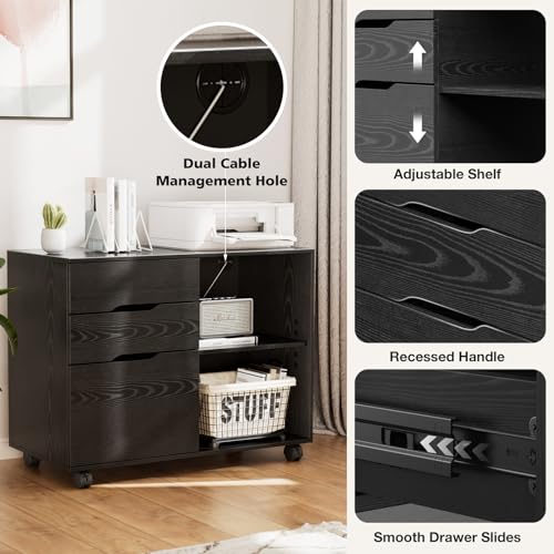 Sweetcrispy File Cabinet 3 Drawer - Storage Filing Cabinets Office Drawers Printer Stand Lateral Mobile Under Desk Organizer Black Wooden with Wheels Adjustable Shelves for Home, Room, Small Spaces