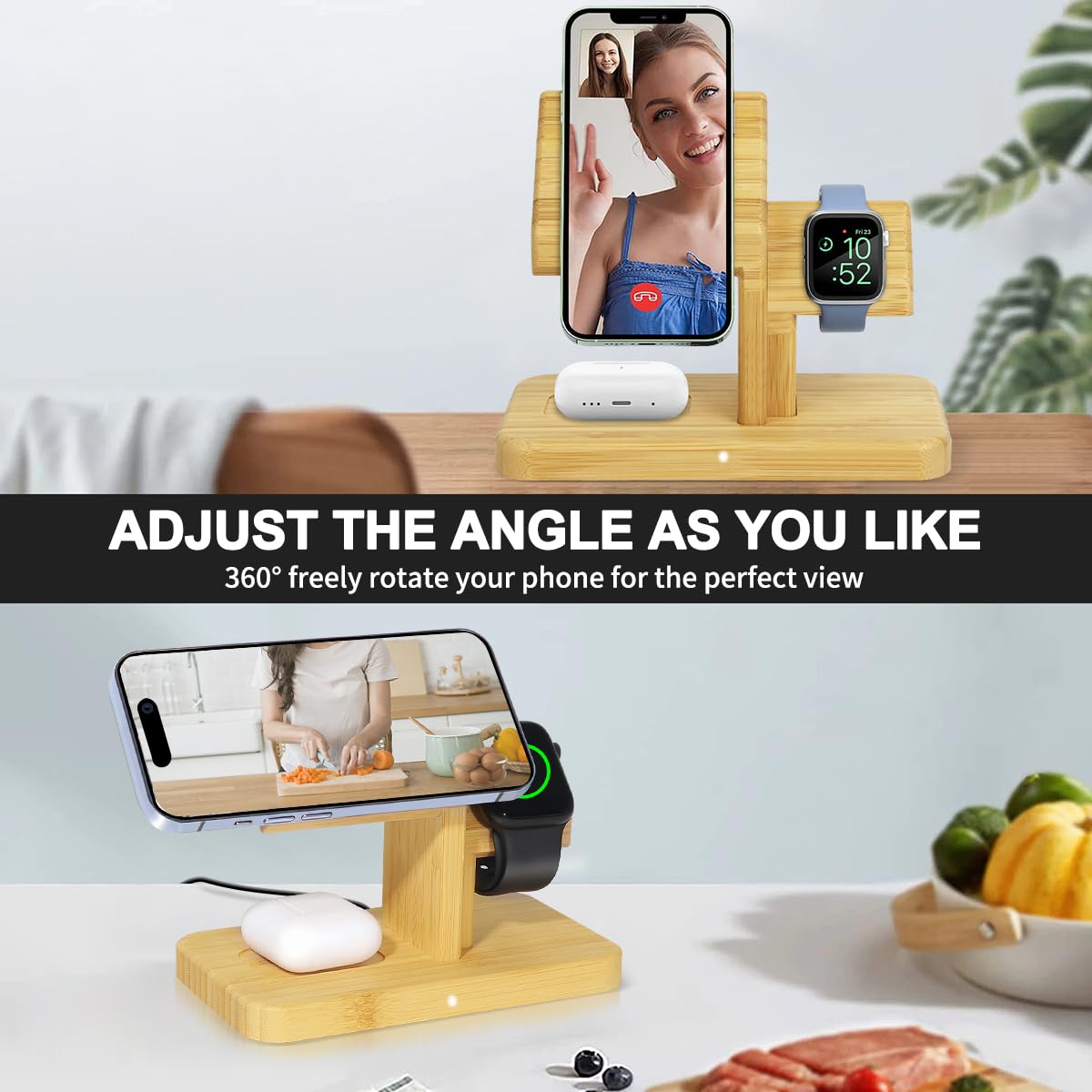 Wireless Charging Station for Apple, 20W Fast 3 in 1 Wireless Charger Stand, Bamboo Charging Station for iPhone 15/14/13/12 Pro/Max/Plus, for Apple Watch 8/7/6/SE/5/4/3/2, for Airpods 3/2/Pro
