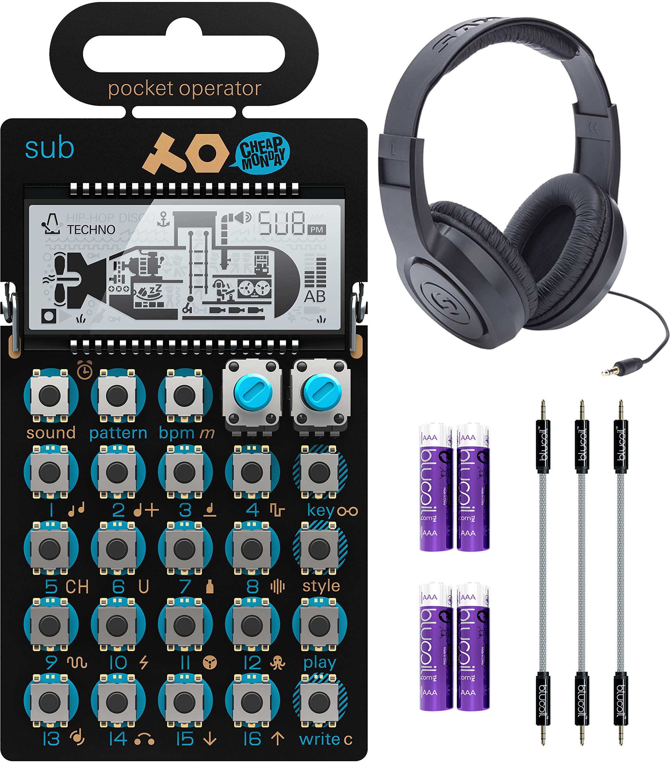 teen age engineering Pocket Operator PO-14 Sub Bass Synthesizer and Sequencer Bundle with Samson SR350 Over-Ear Stereo Headphones, Blucoil 3-Pack of 7" Audio AUX Cables, and 4 AAA Batteries